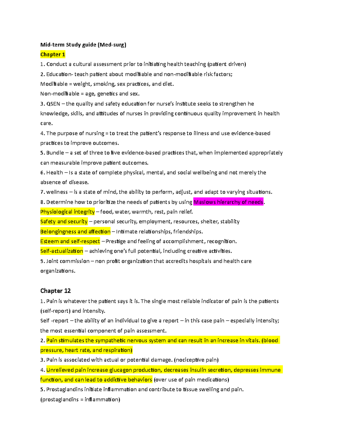 Medical-surgical notes from the class - Mid-term Study guide (Med-surg ...