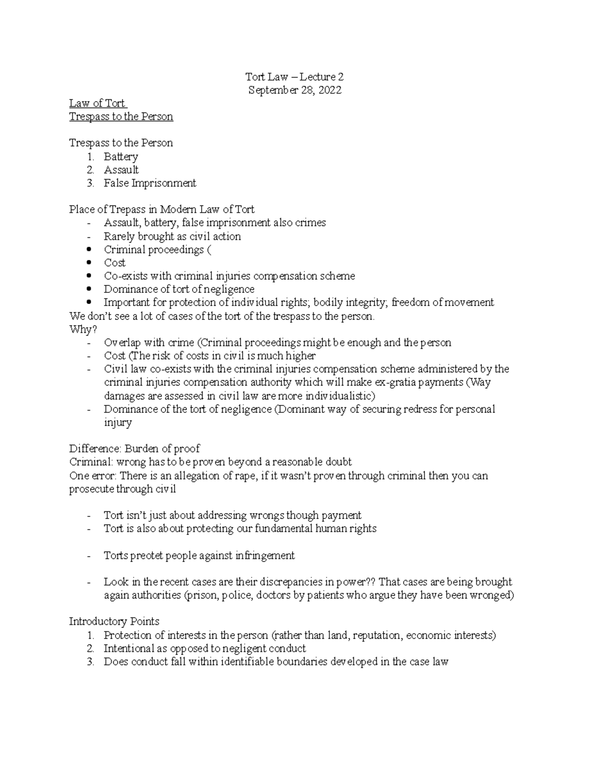 Tort Law - Sept 28 - Notes for class - Tort Law – Lecture 2 September ...