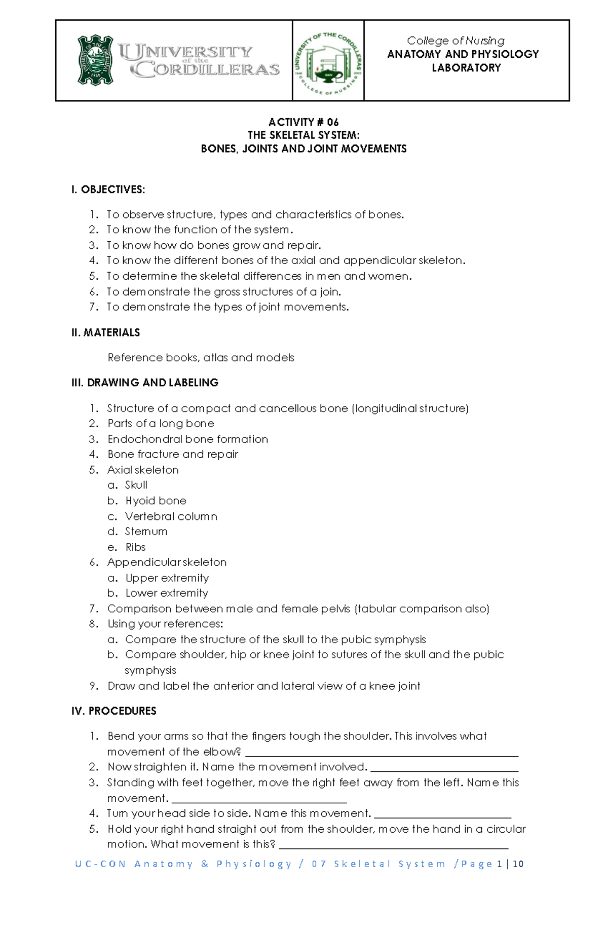 06 Skeletal System - Anatomy and Physiology lab work - ACTIVITY # 06 ...