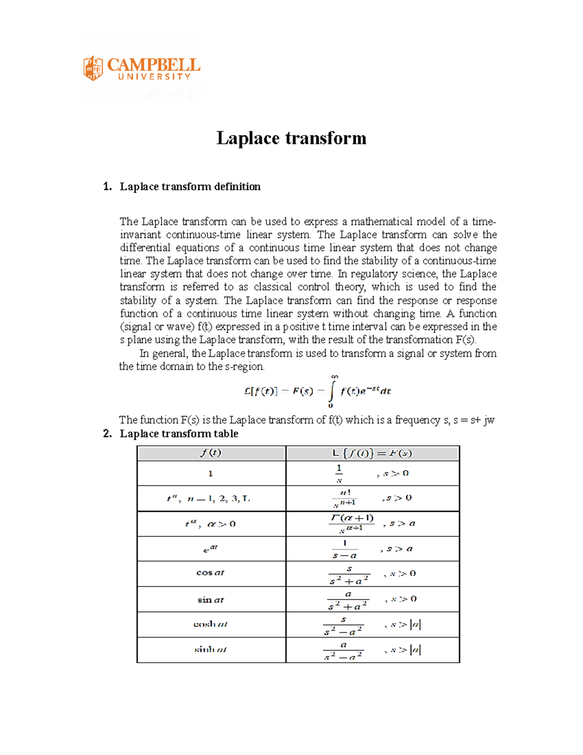 Laplace Resume For Student - Laplace transform Laplace transform ...