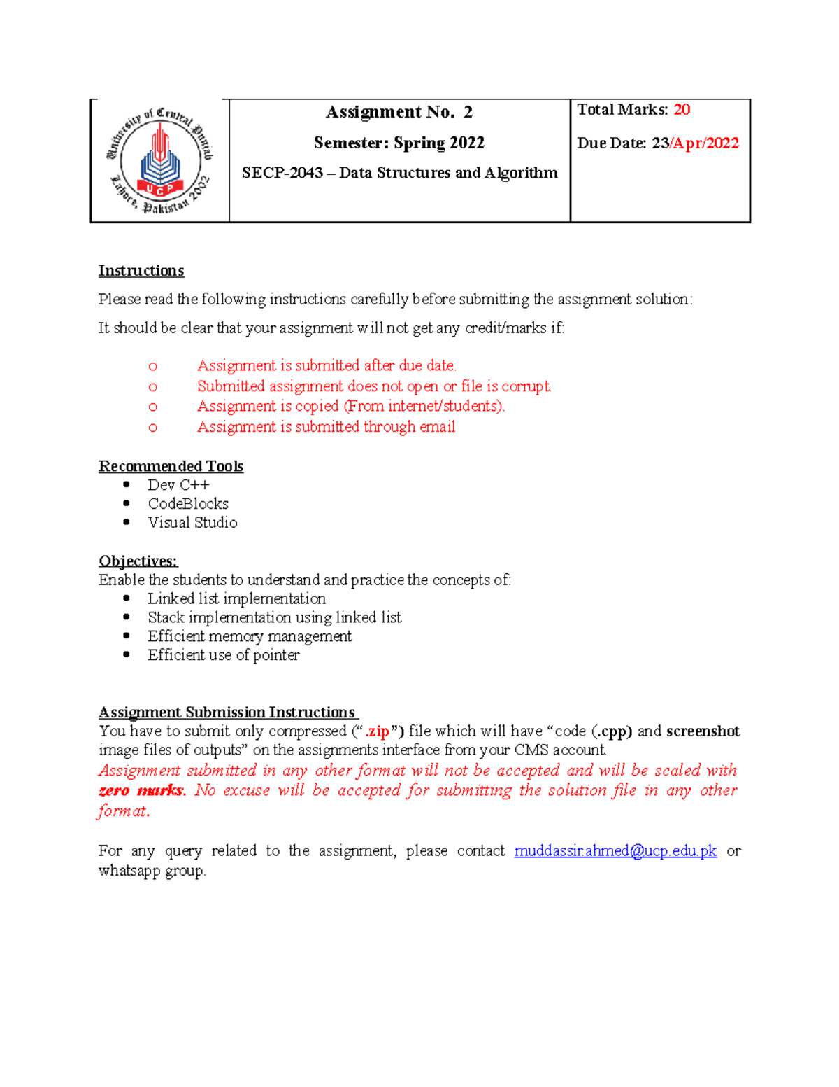 Assignment 2 on Linked List and stack - Assignment No. 2 Semester ...