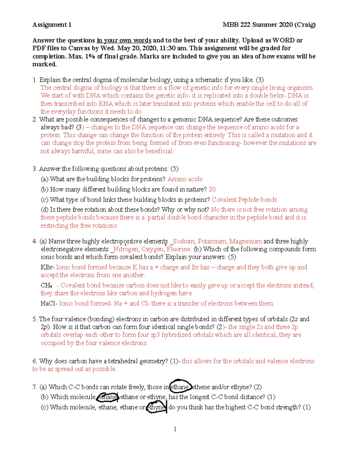 Assignment 1-2-2 - Assignment 1 MBB 222 Summer 2020 (Craig) Answer the ...