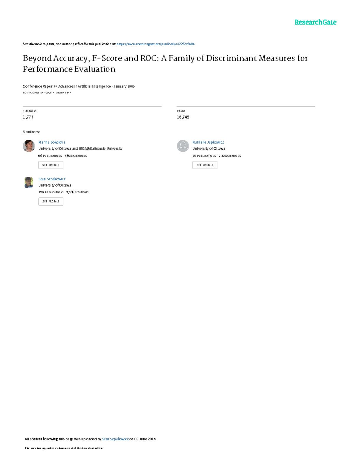 Beyond Accuracy F-Score and ROC A Family of Discri - See discussions, stats, and author profiles ...