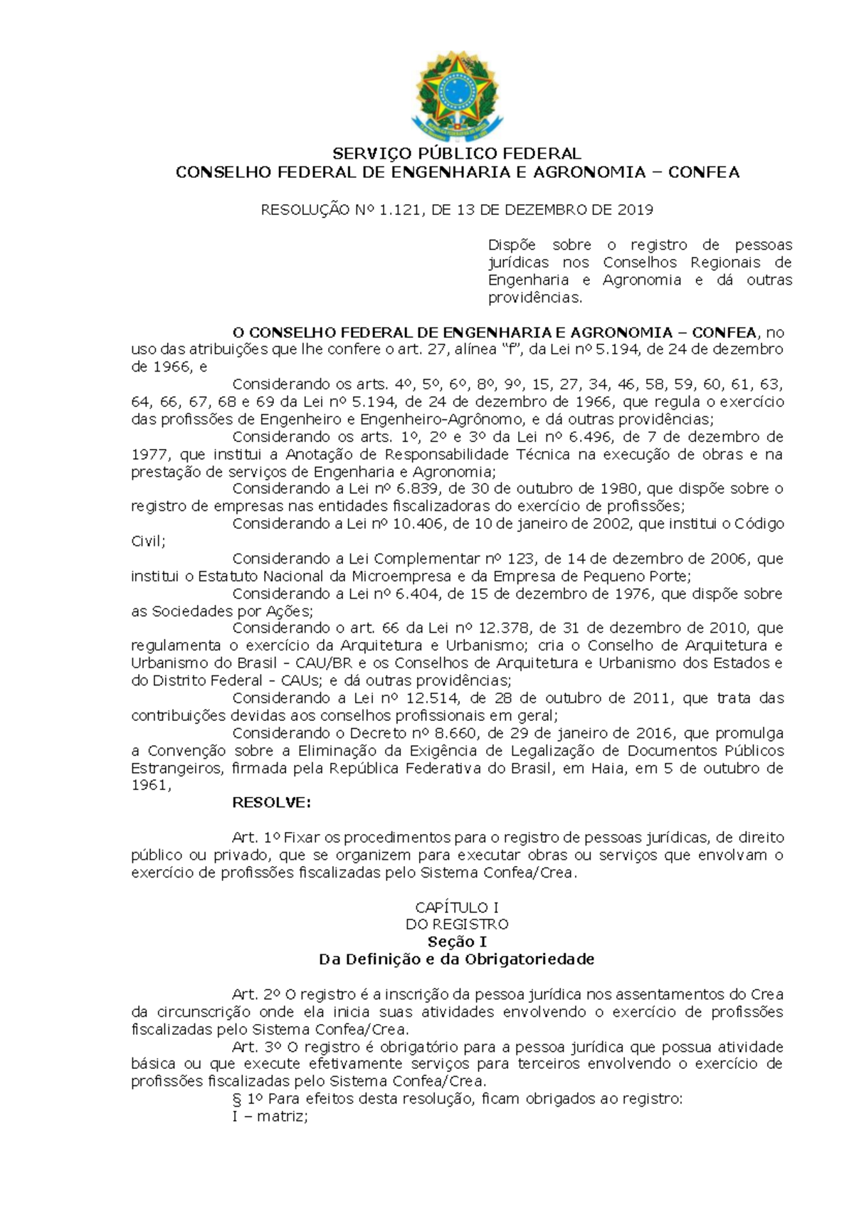 Confea 1121-19 - CONSELHO FEDERAL DE ENGENHARIA E AGRONOMIA – CONFEA ...