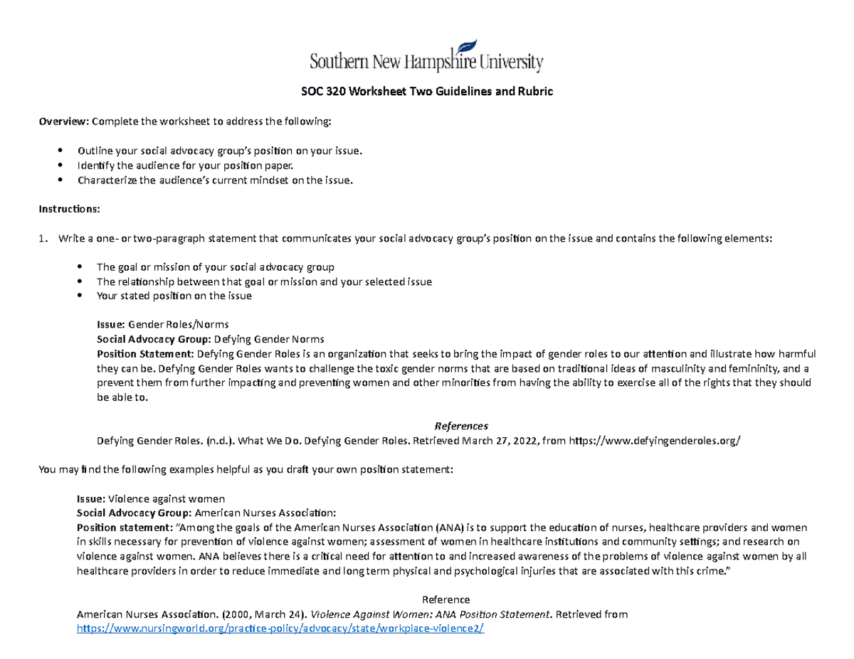 SOC 320 Worksheet 2 - SOC 320 Worksheet Two Guidelines and Rubric ...