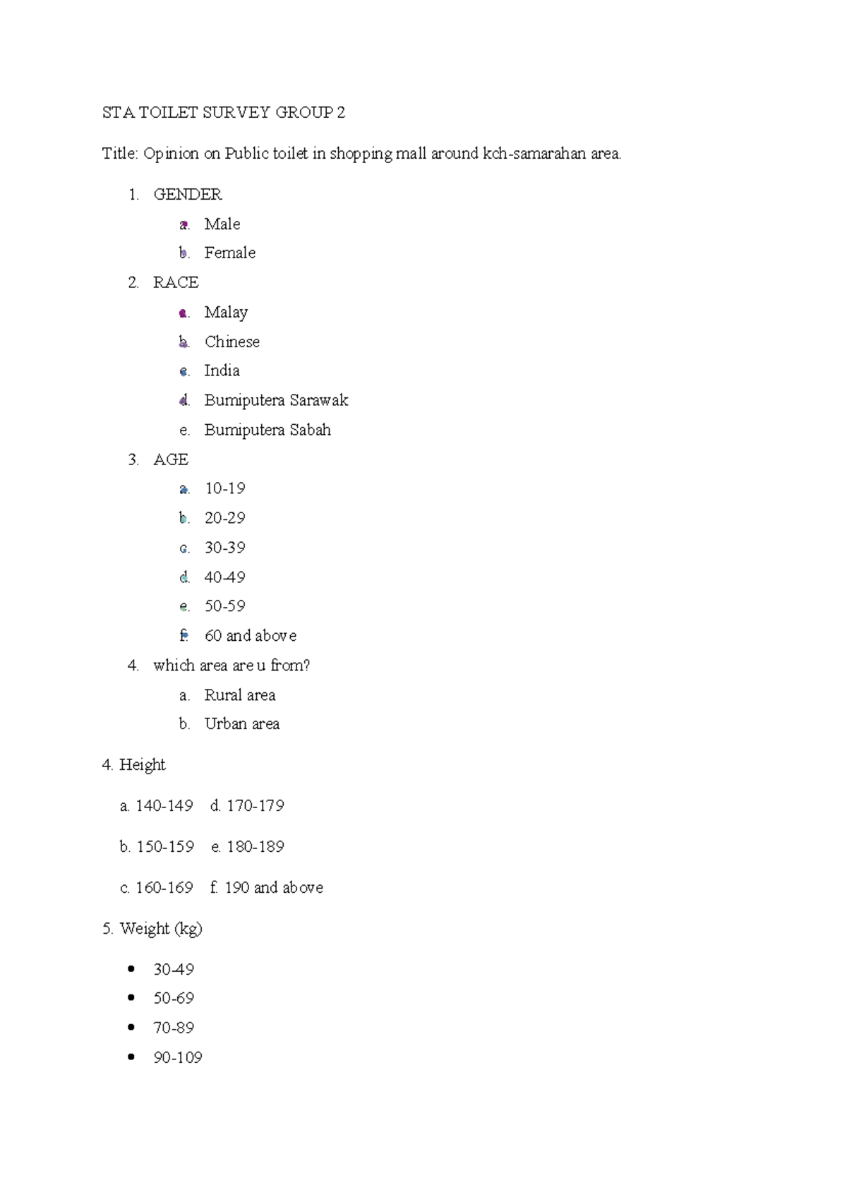 Final toilet survey edited - STA TOILET SURVEY GROUP 2 Title: Opinion ...