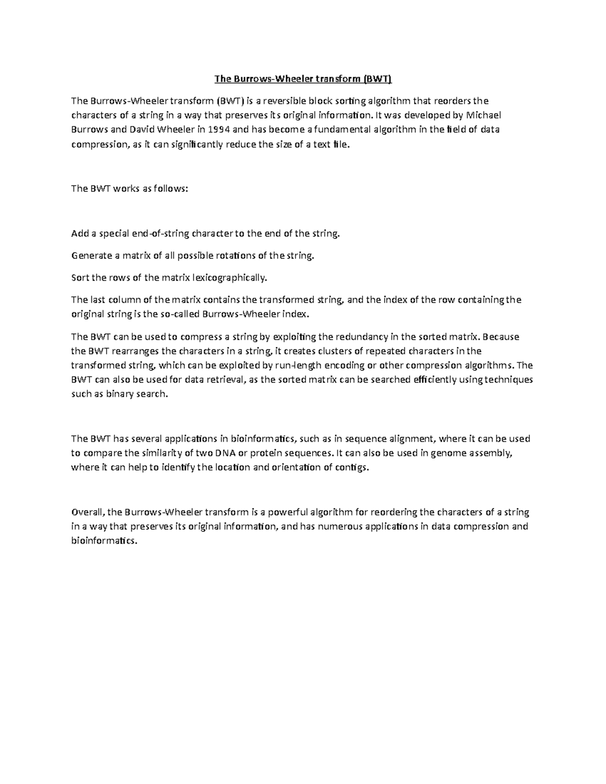 The Burrows Wheeler Transform Bwt It Was Developed By Michael Burrows And David Wheeler In