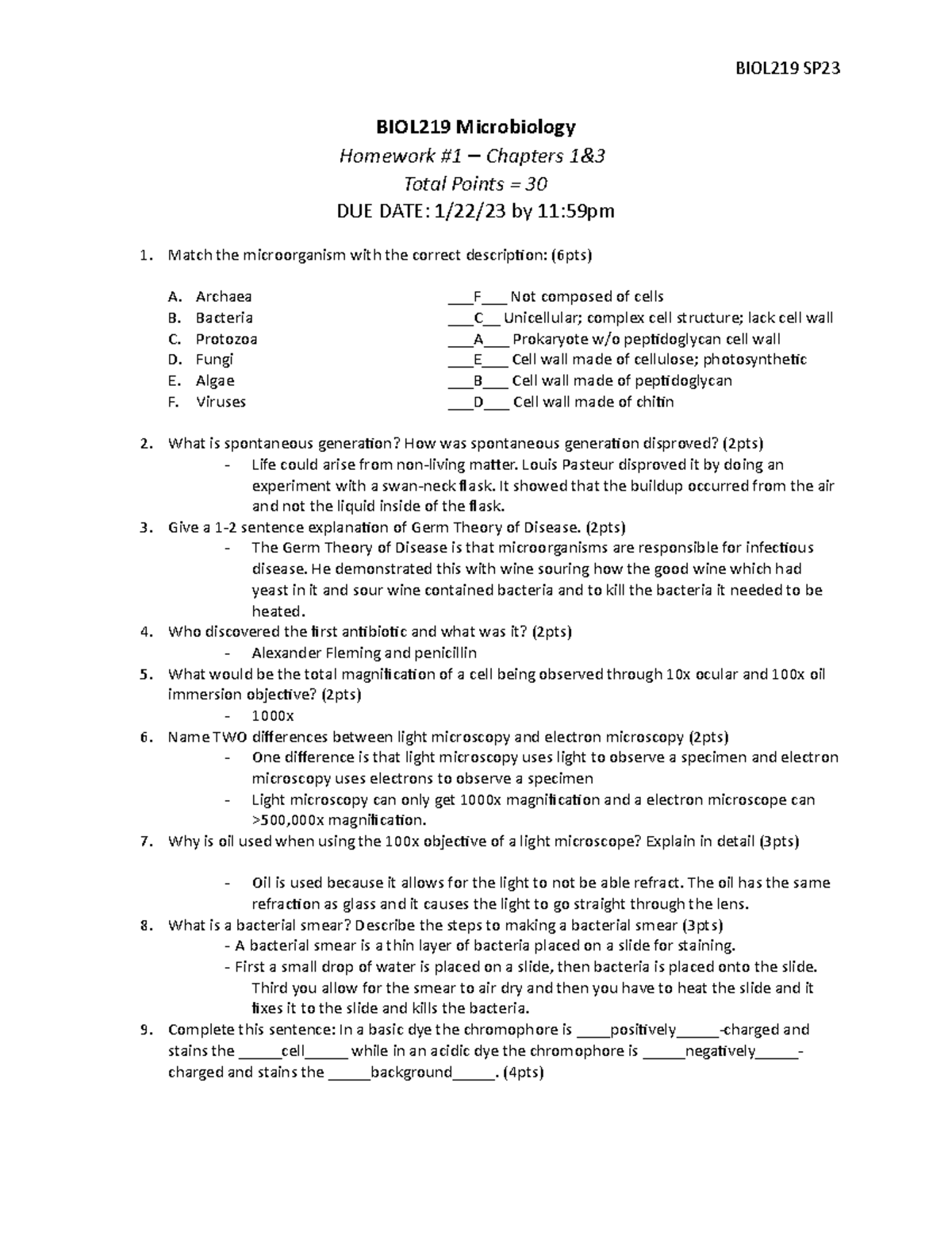BIOL219 Homework#1 SP23 - BIOL219 SP BIOL219 Microbiology Homework #1 ...