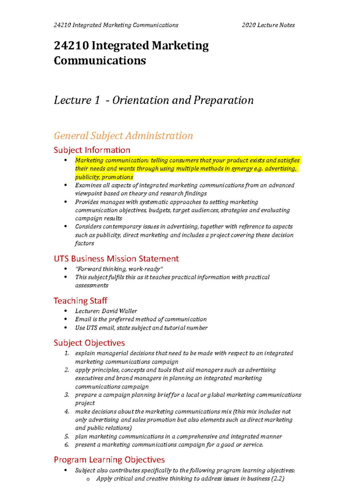 24210 Integrated Marketing Communications Lecture Notes 24210