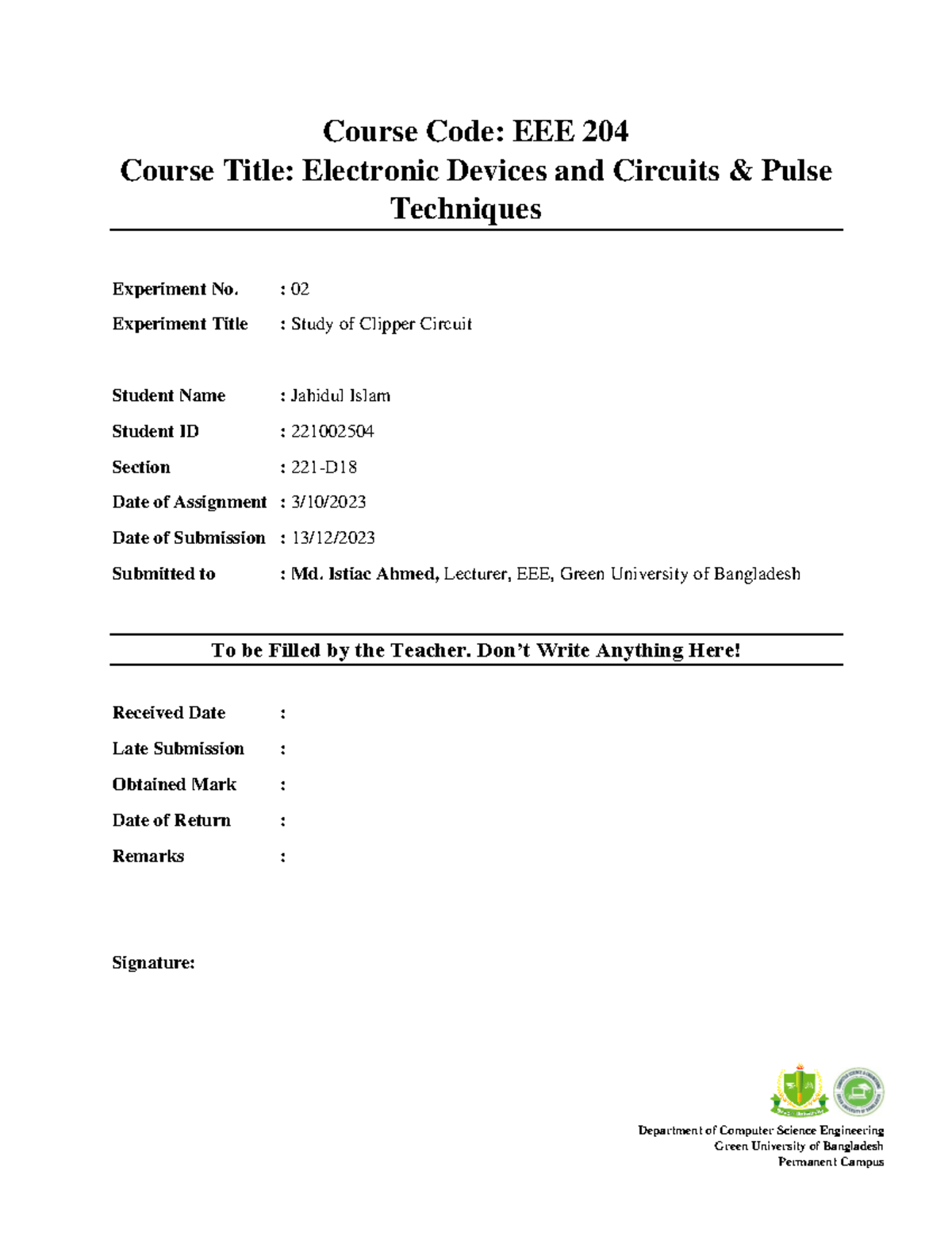 Exp-02 221002504 - Study of Clipper Circuit - Course Code: EEE 204 ...