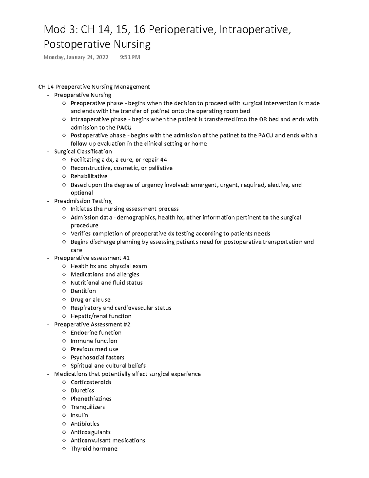 CH 14, 15, and 16 AH notes - CH 14 Preoperative Nursing Management ...