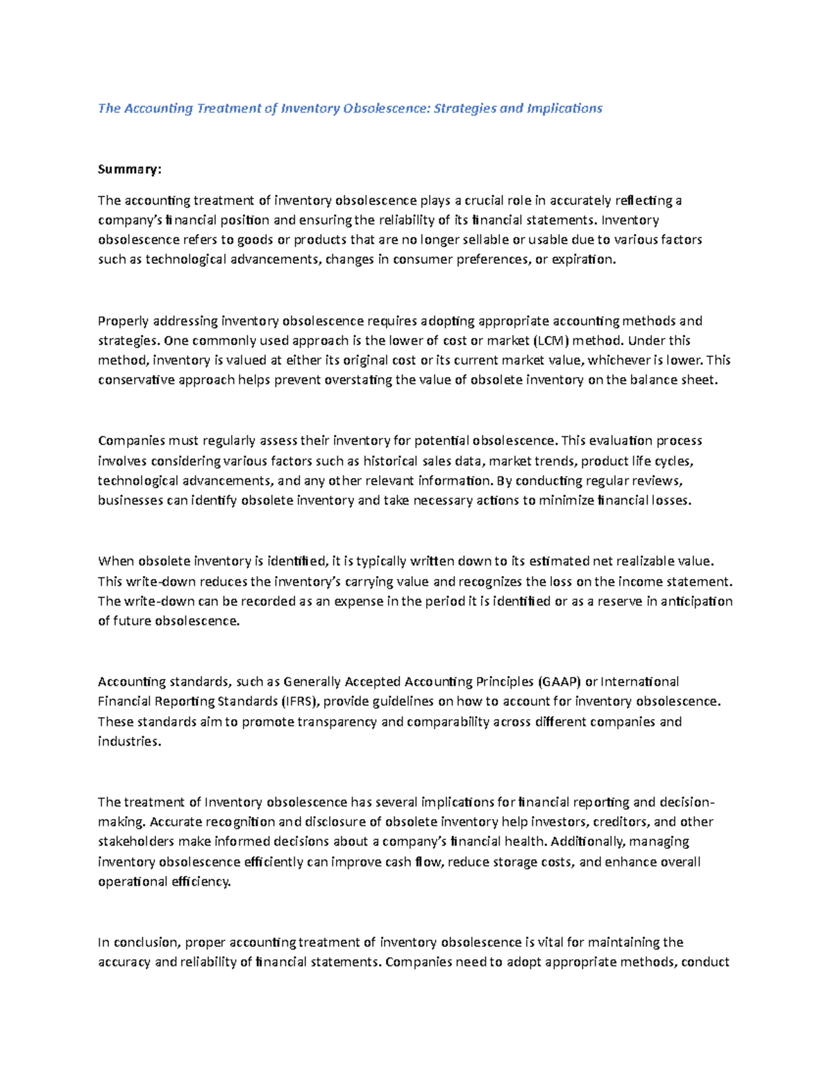 The Accounting Treatment of Inventory Obsolescence — Strategies and ...