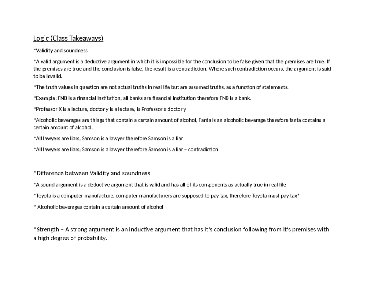 Logic Class Notes - Logic (Class Takeaways) ####### *Validity and ...