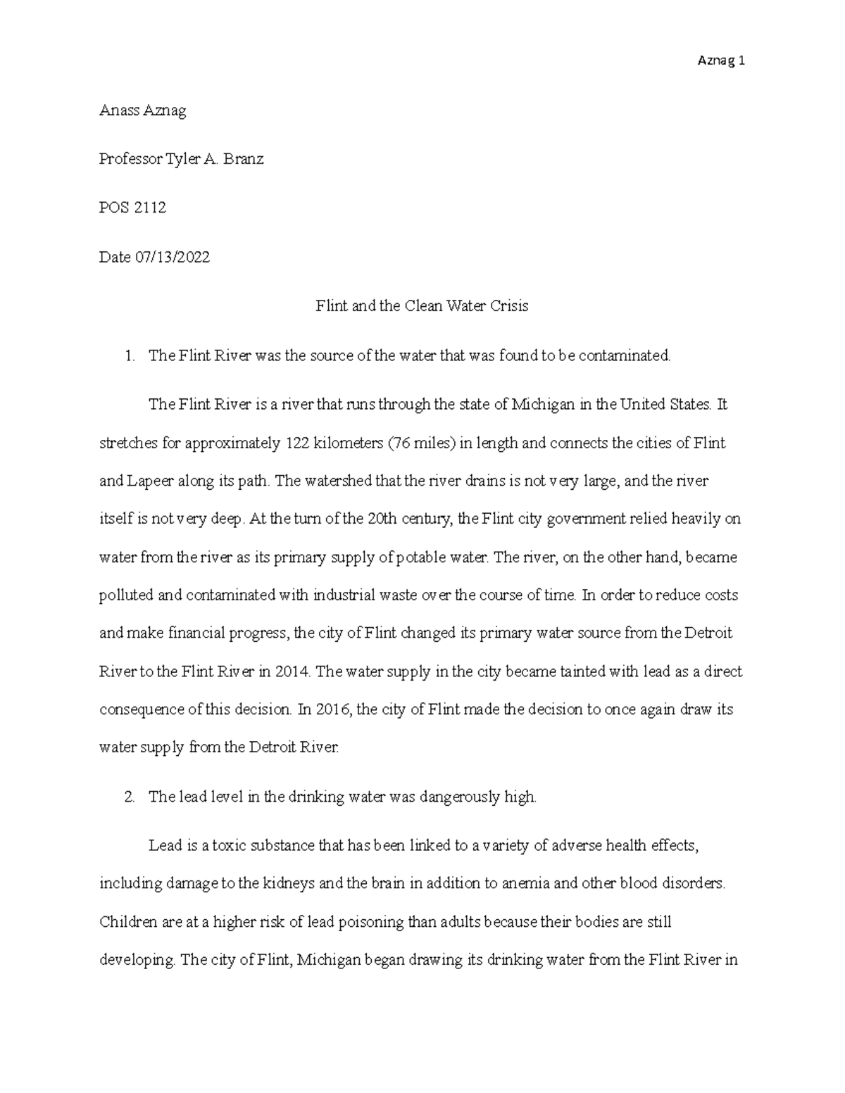 Flint and the Clean Water Crisis - Anass Aznag Professor Tyler A. Branz ...