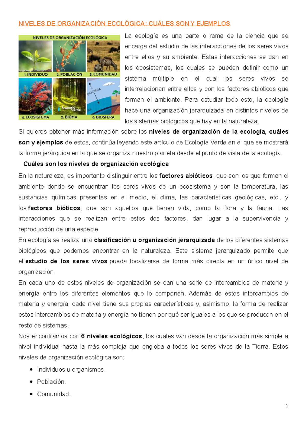 Niveles DE Organización Ecológica - NIVELES DE ORGANIZACIÓN ECOLÓGICA ...