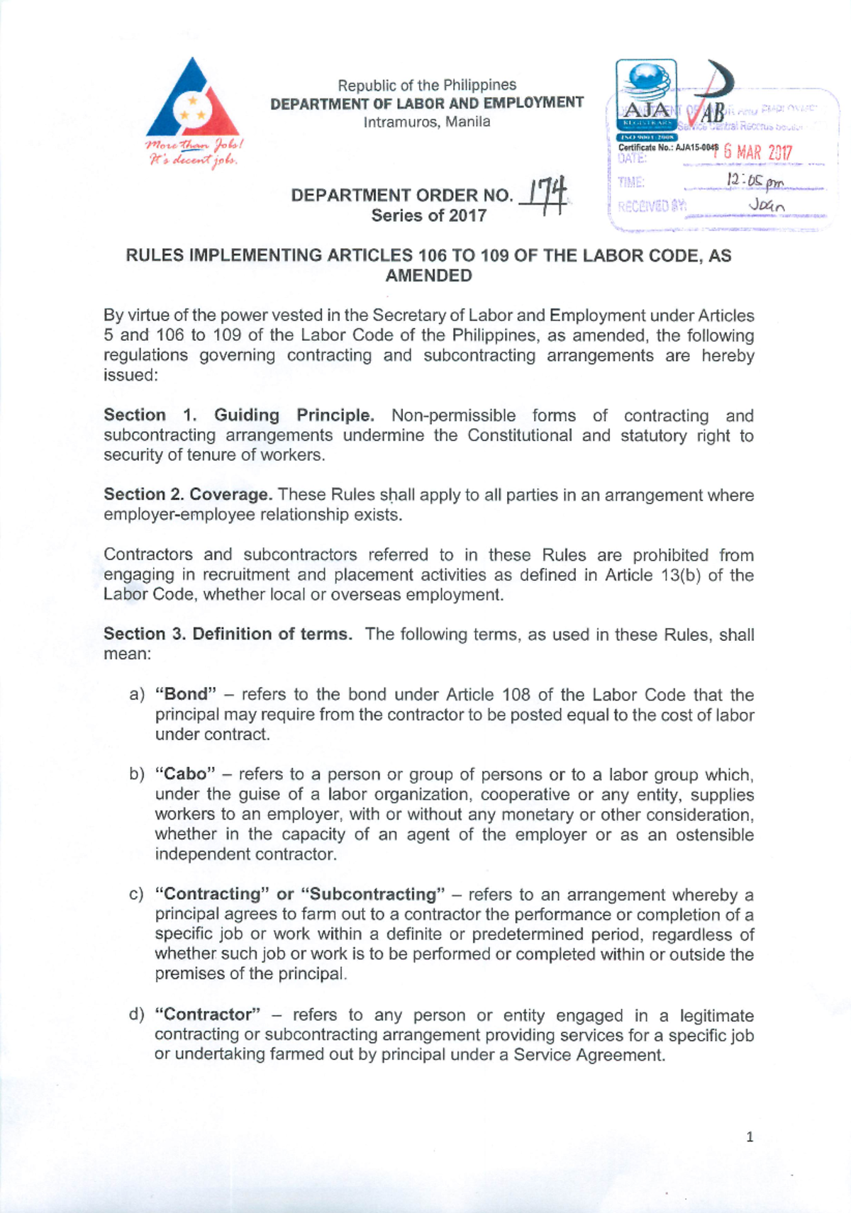 DO 174 17 Rules Implementing Articles 106 to 109 of the Labor Code As ...