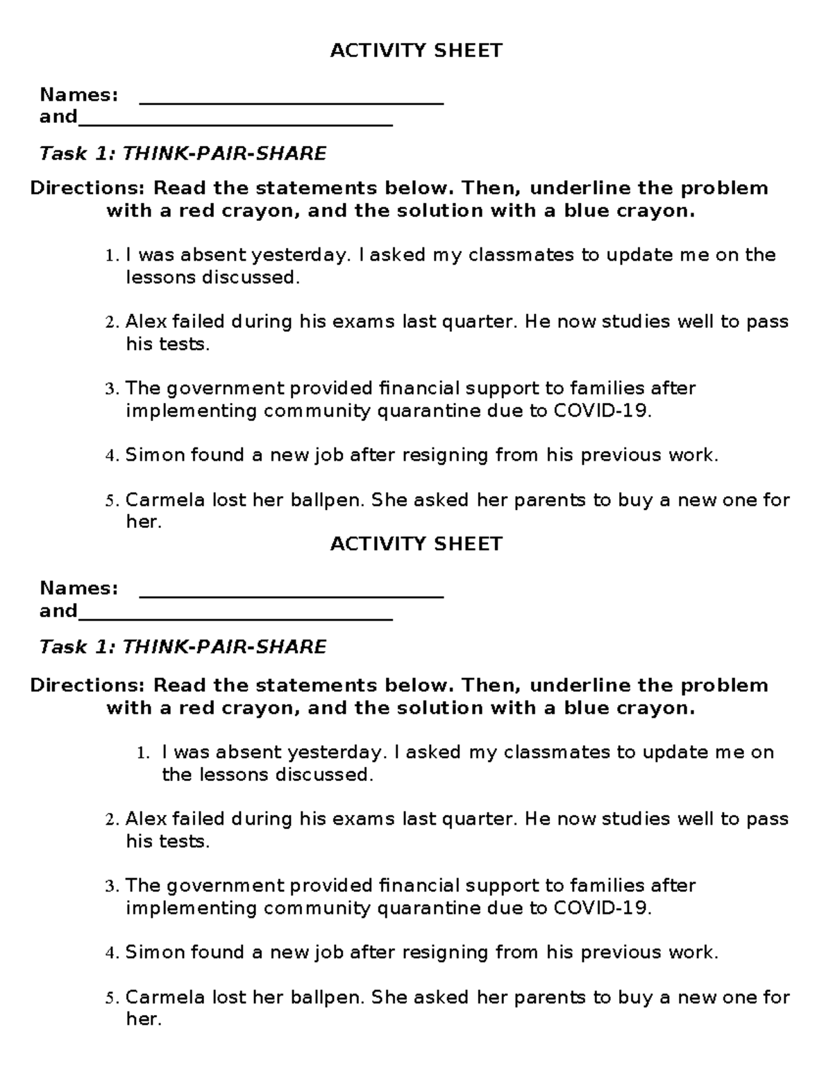 Activity Sheets - ACTIVITY SHEET Names: ________________________________ - Studocu