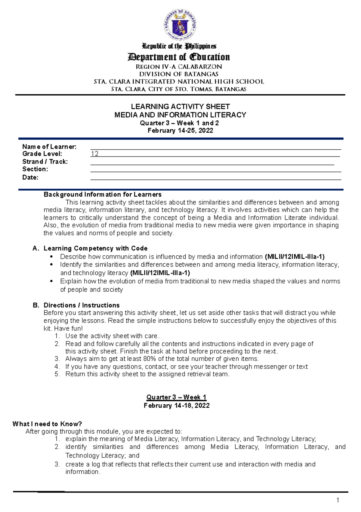 MIL Week 1-2 Q3-120-copies - LEARNING ACTIVITY SHEET MEDIA AND ...