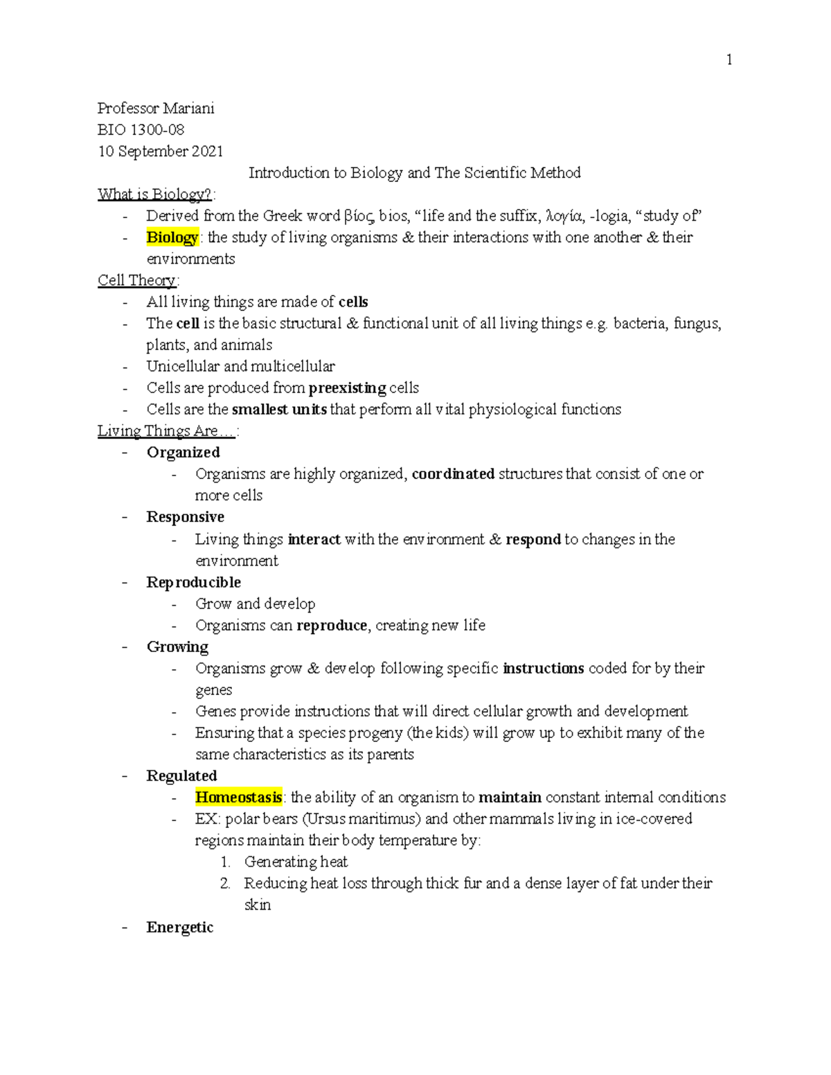 BIO 1300-08 (1B) Introduction TO Biology & THE Scientific Method ...