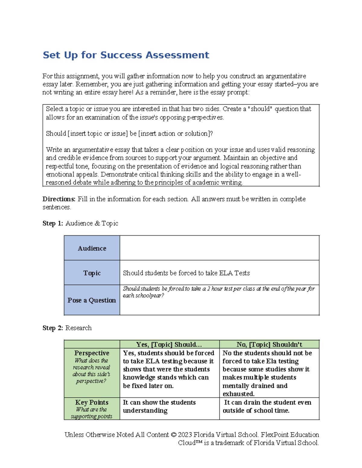 Set up for success assess rubric - Set Up for Success Assessment For ...