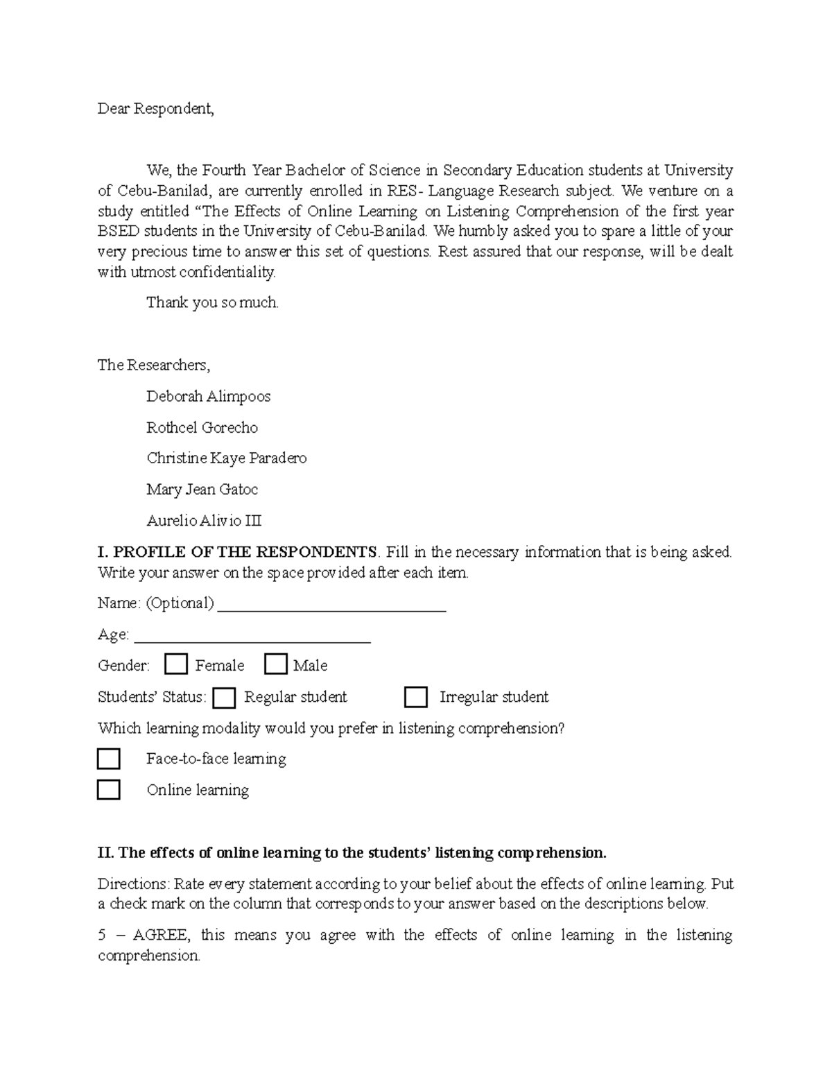 Survey Questionnaire Updated 12 01 20 - Dear Respondent, We, the Fourth ...