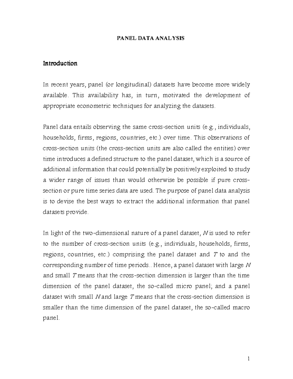 Panel Data - summary notes - PANEL DATA ANALYSIS Introduction In recent ...