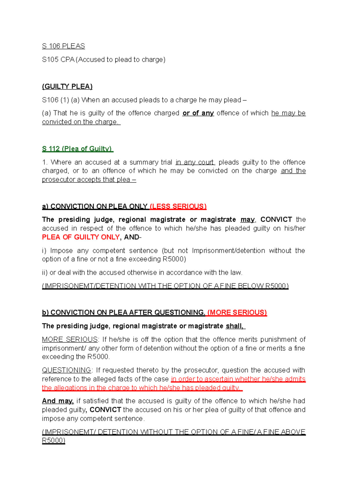 Guilty PLEA in terms of s112 of the criminal procedure act. - S 106 ...