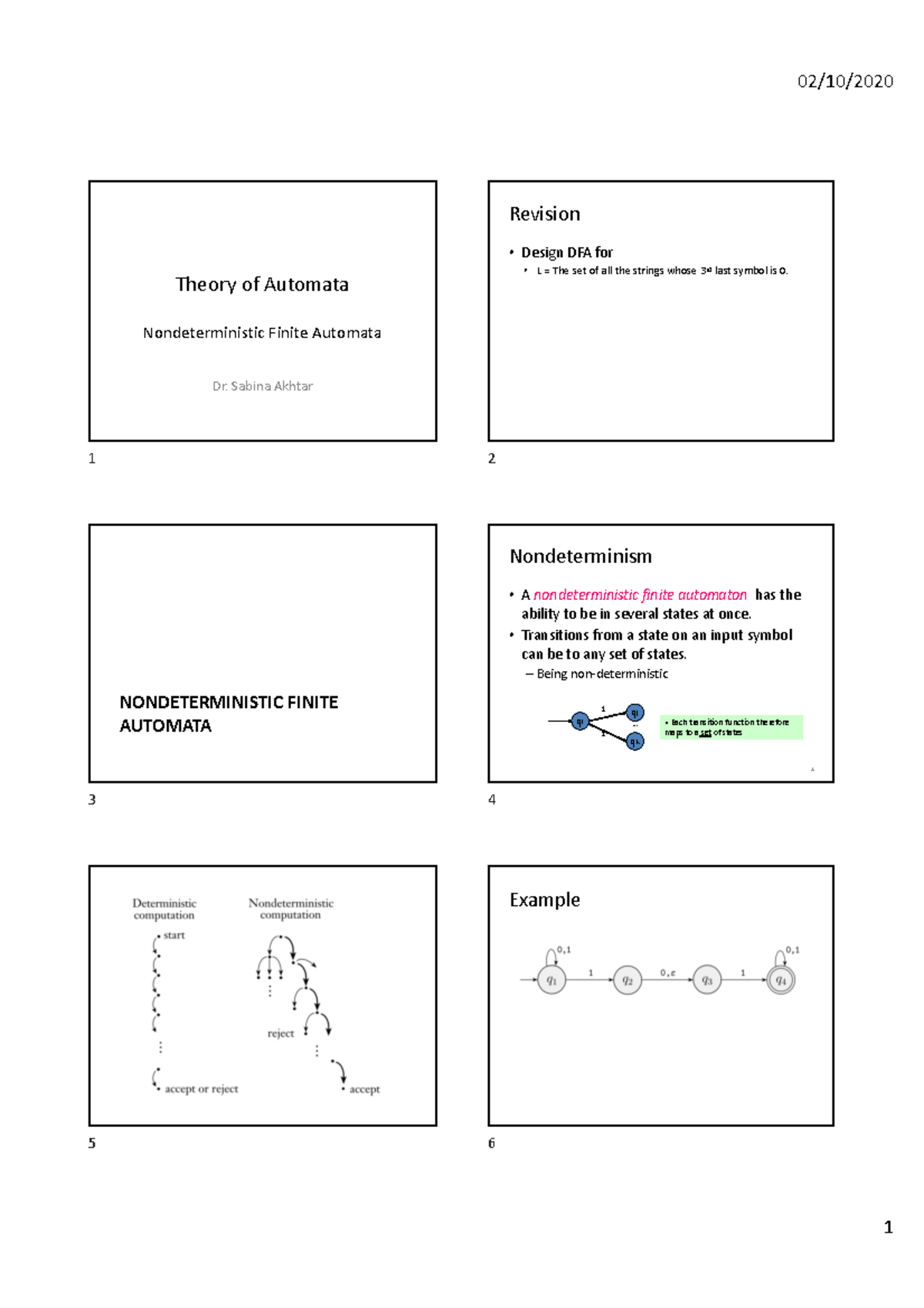 Lecture 2 16102020 012425 pm - Theory of Automata Nondeterministic Finite Automata Dr. Sabina ...