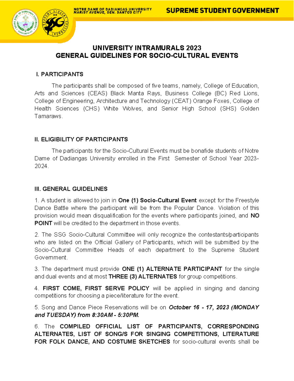 Intrams 2023 Guidelines FOR Socio- Cultural Events - UNIVERSITY ...