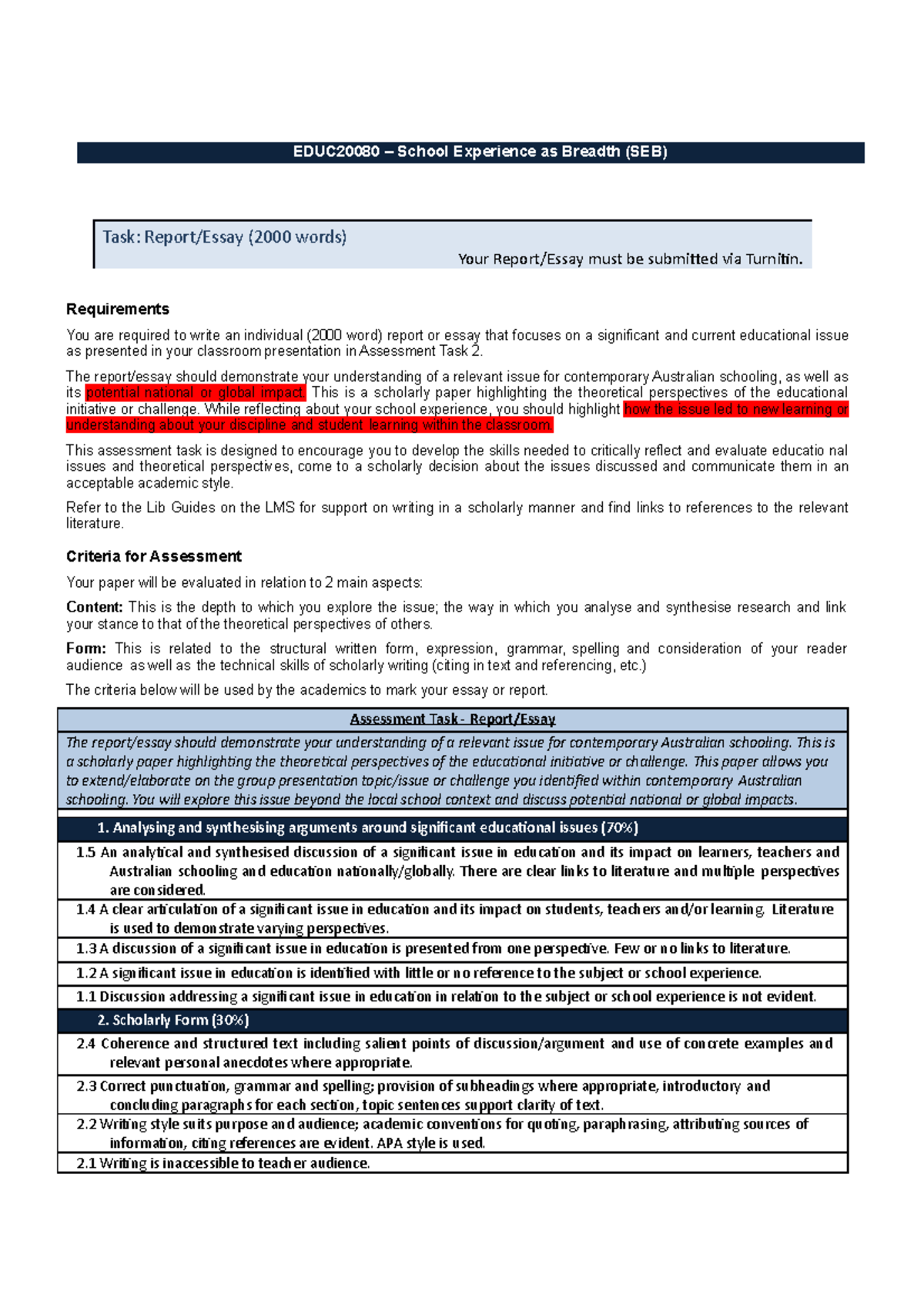 SEB Assessment Task 3 - Assessment Task 3 Report/Essay Requirements You ...