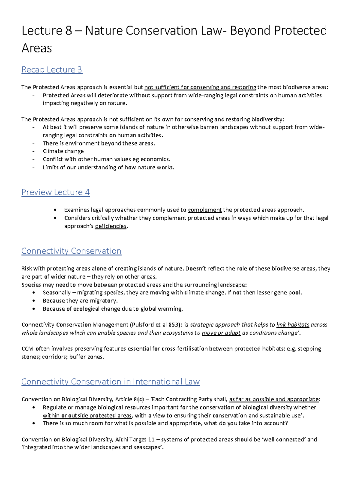 Nature Conservation Law and Beyond Protected Areas Lecture 8 notes ...