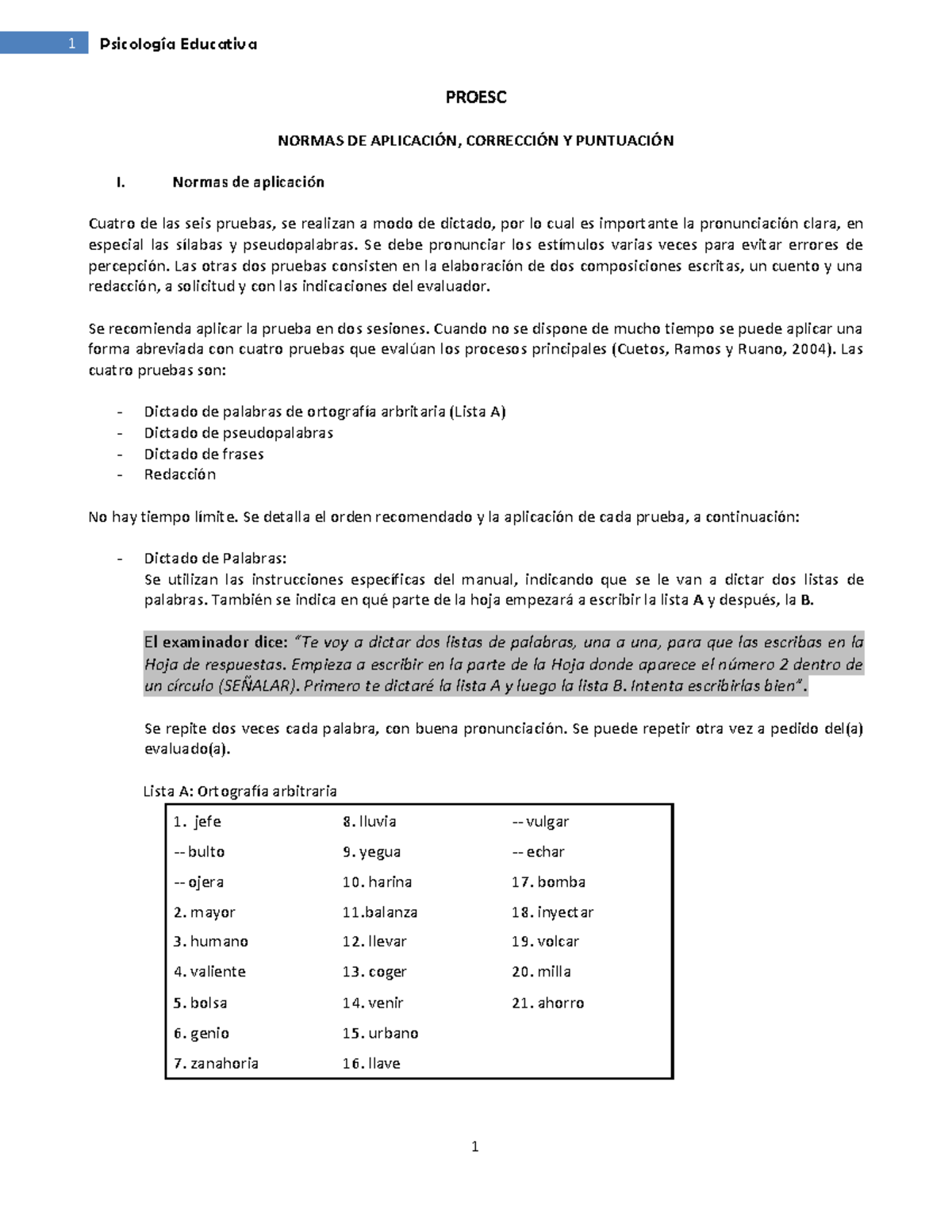 Proesc Normas de aplicación, corrección y puntuación - PROESC NORMAS DE APLICACIÓN, CORRECCIÓN Y ...