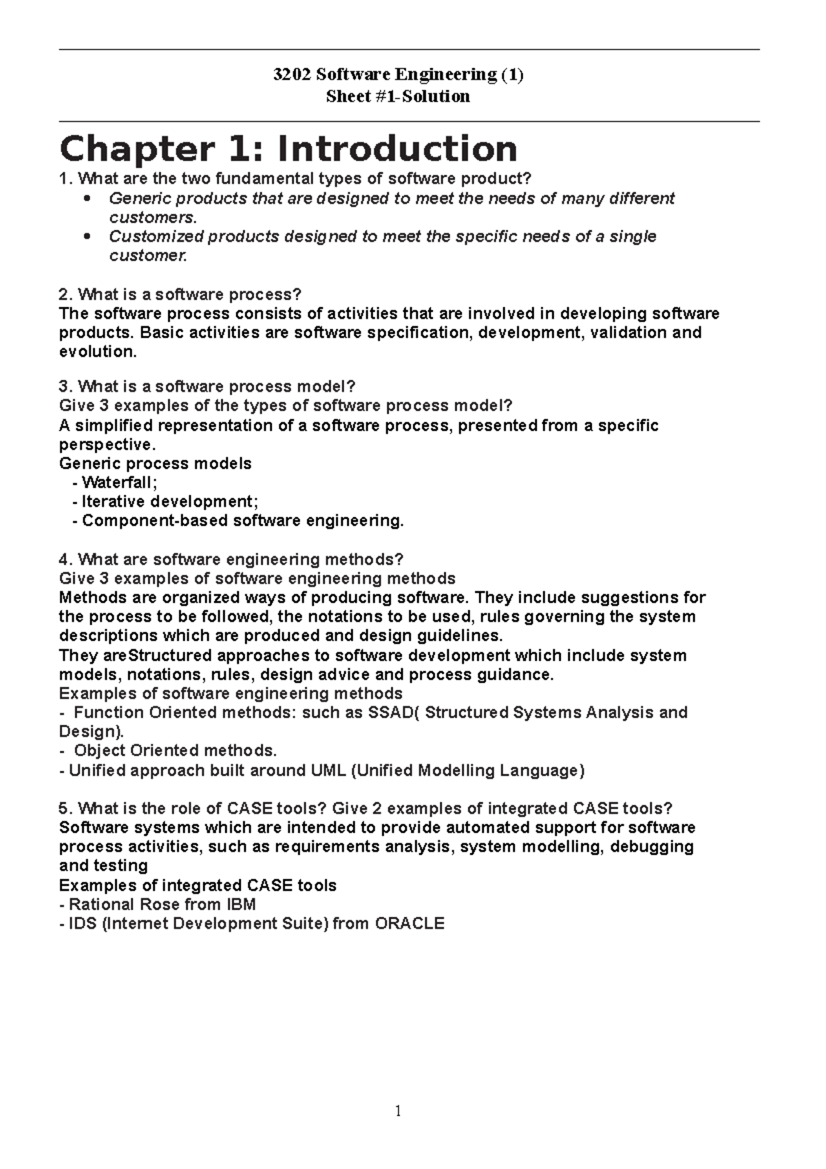 Sheet 1 solution - 3202 Software Engineering (1) Sheet #1-Solution Chapter 1: Introduction What ...