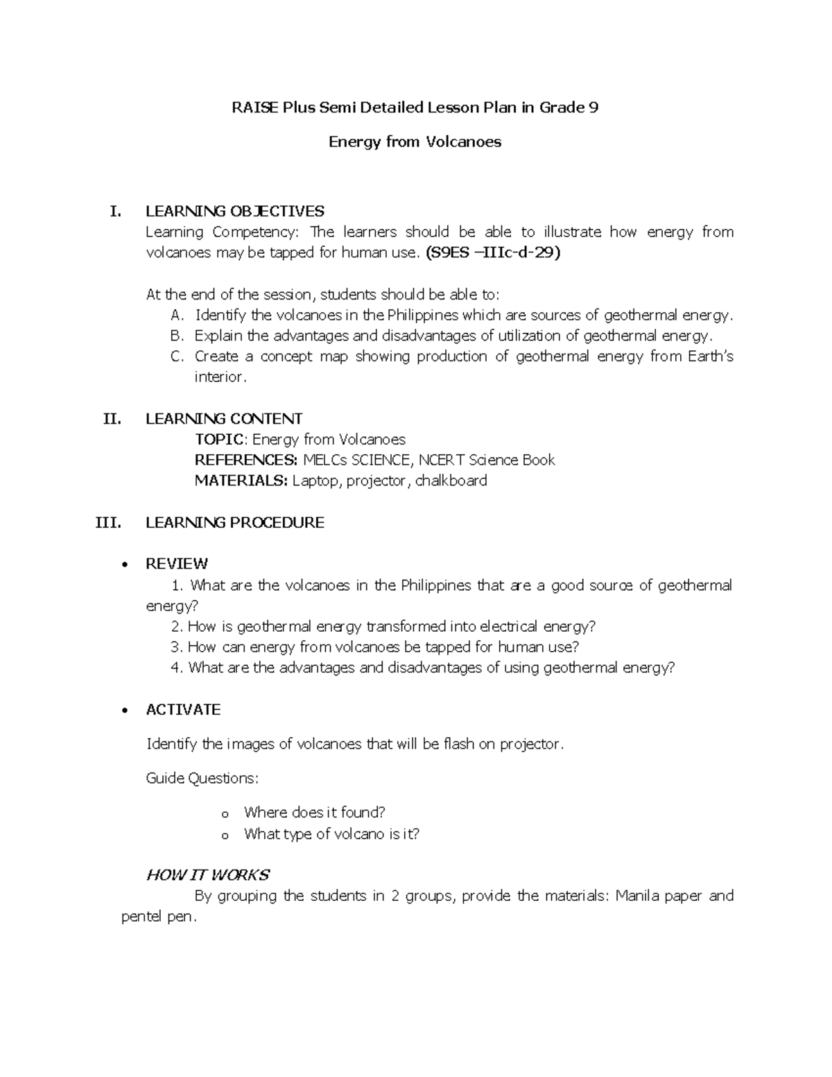 Raise Plus Semi Detailed Lesson Plan - RAISE Plus Semi Detailed Lesson Plan in Grade 9 Energy ...