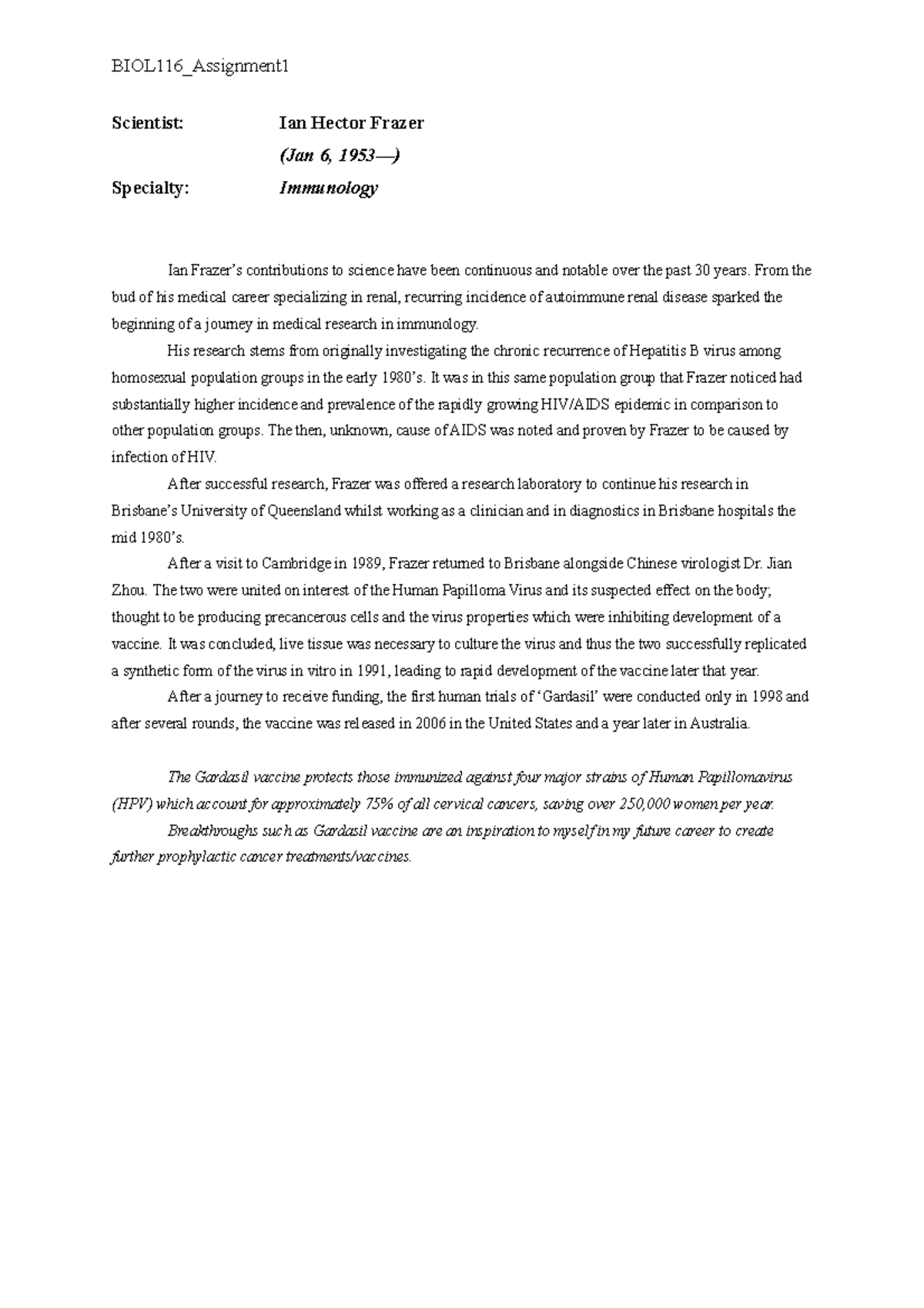 Famous Scientist Assessment Example - BIOL116_Assignment Scientist: Ian ...