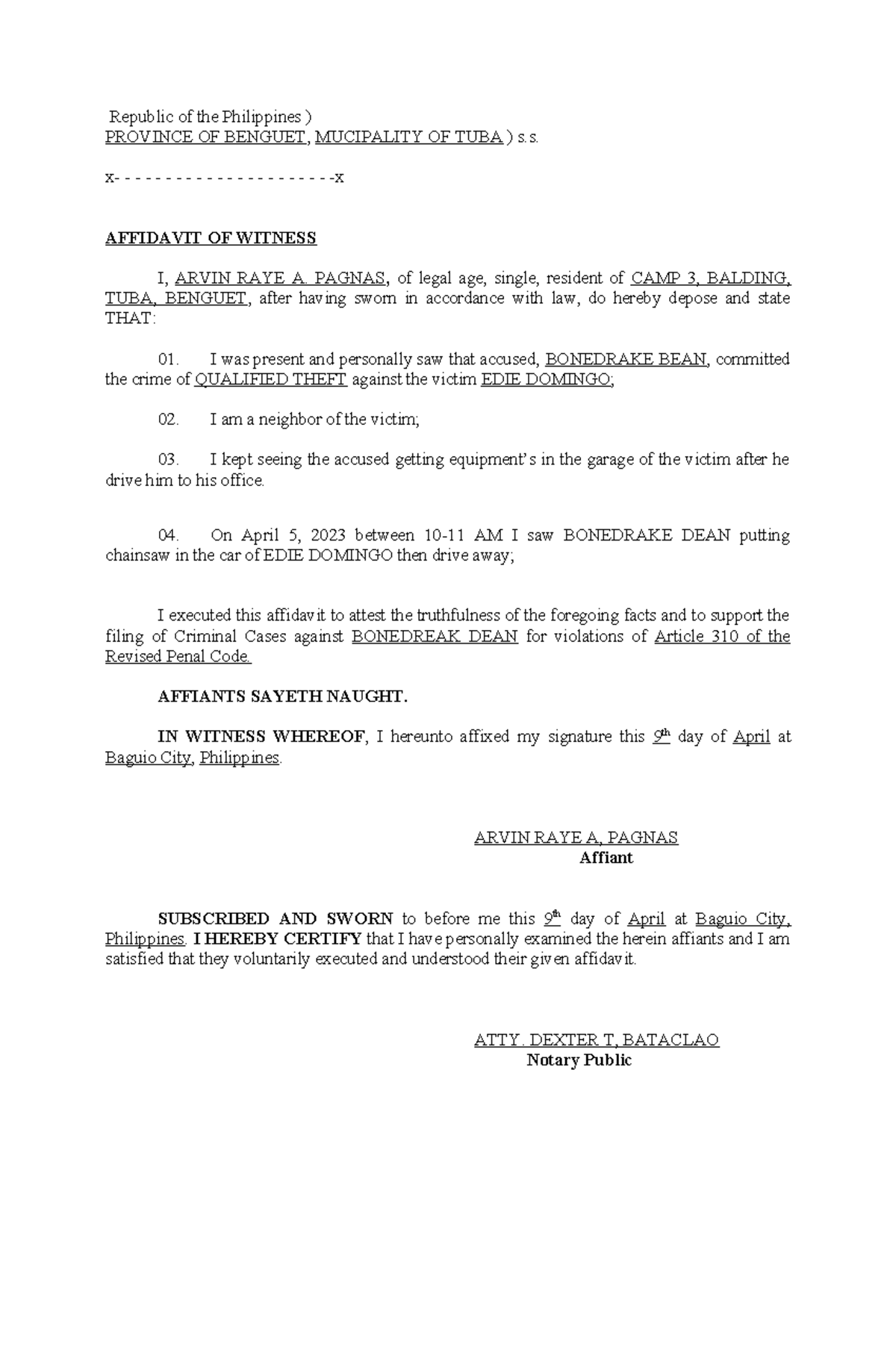 Sample of Affidavit of Witness - Republic of the Philippines ) PROVINCE ...