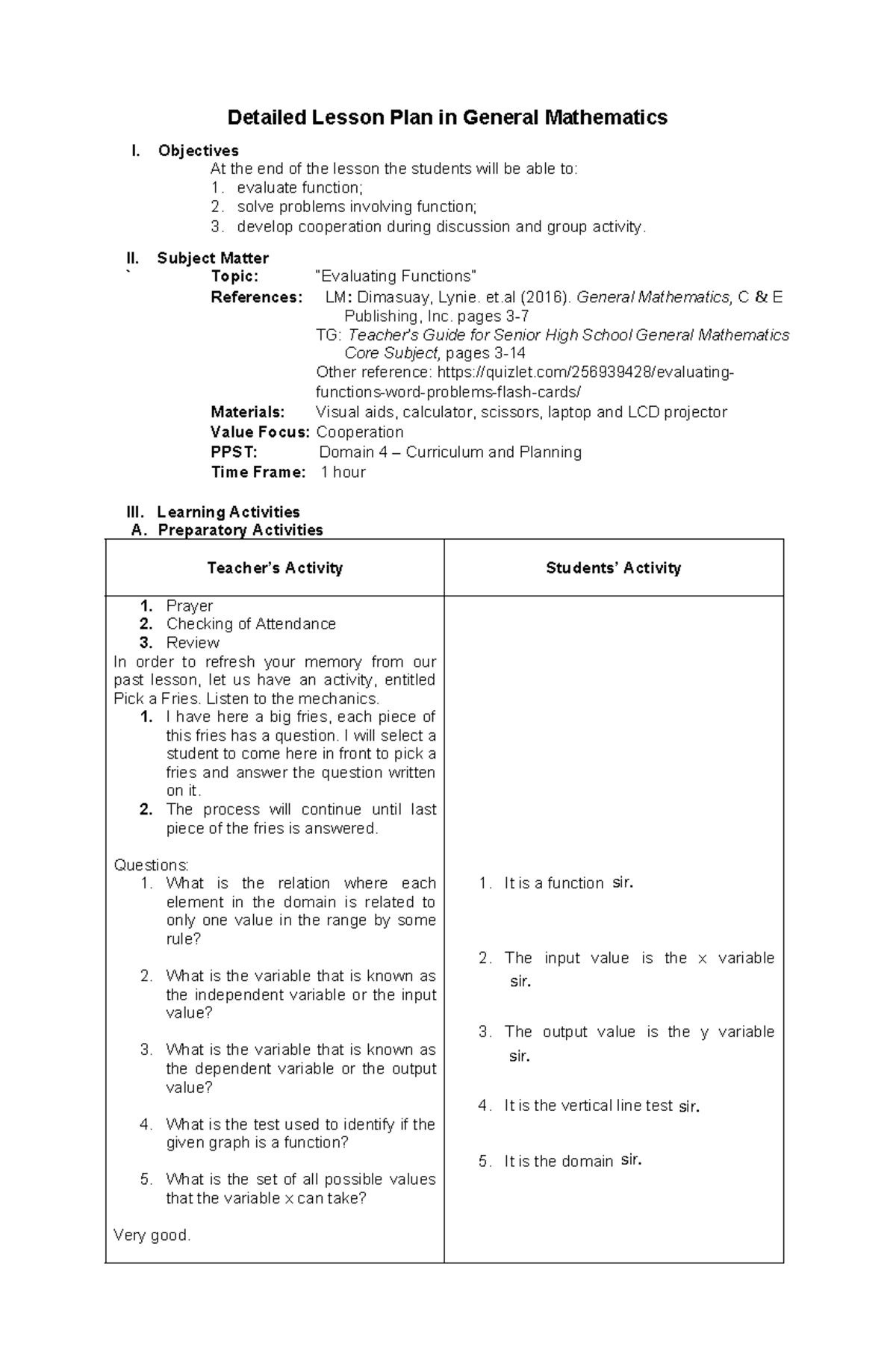 Genmath LP - none - Detailed Lesson Plan in General Mathematics I ...