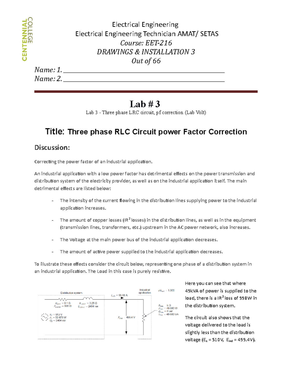 EET-216 LAB # 3 - RLC circuits Three phase Power Correction ...