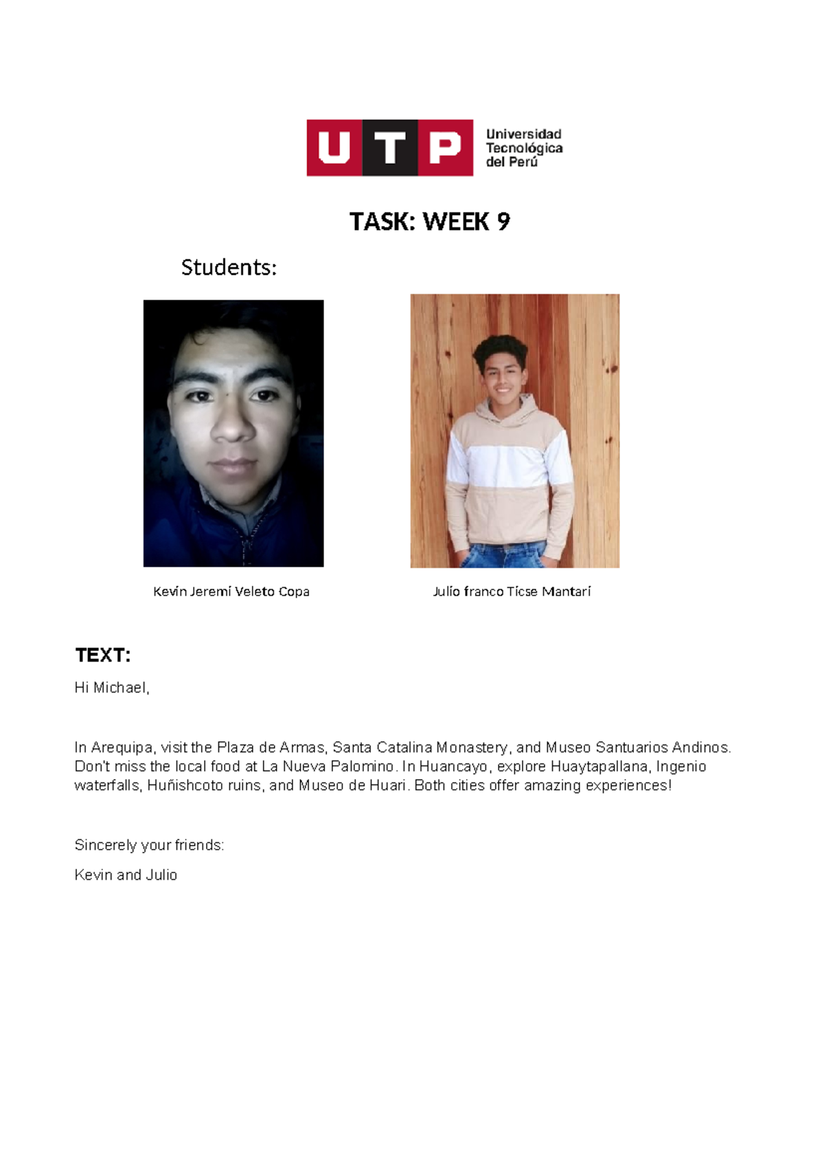 Week9 - Tarea - Ingles - TASK: WEEK 9 Students: Kevin Jeremi Veleto Copa Julio franco Ticse ...