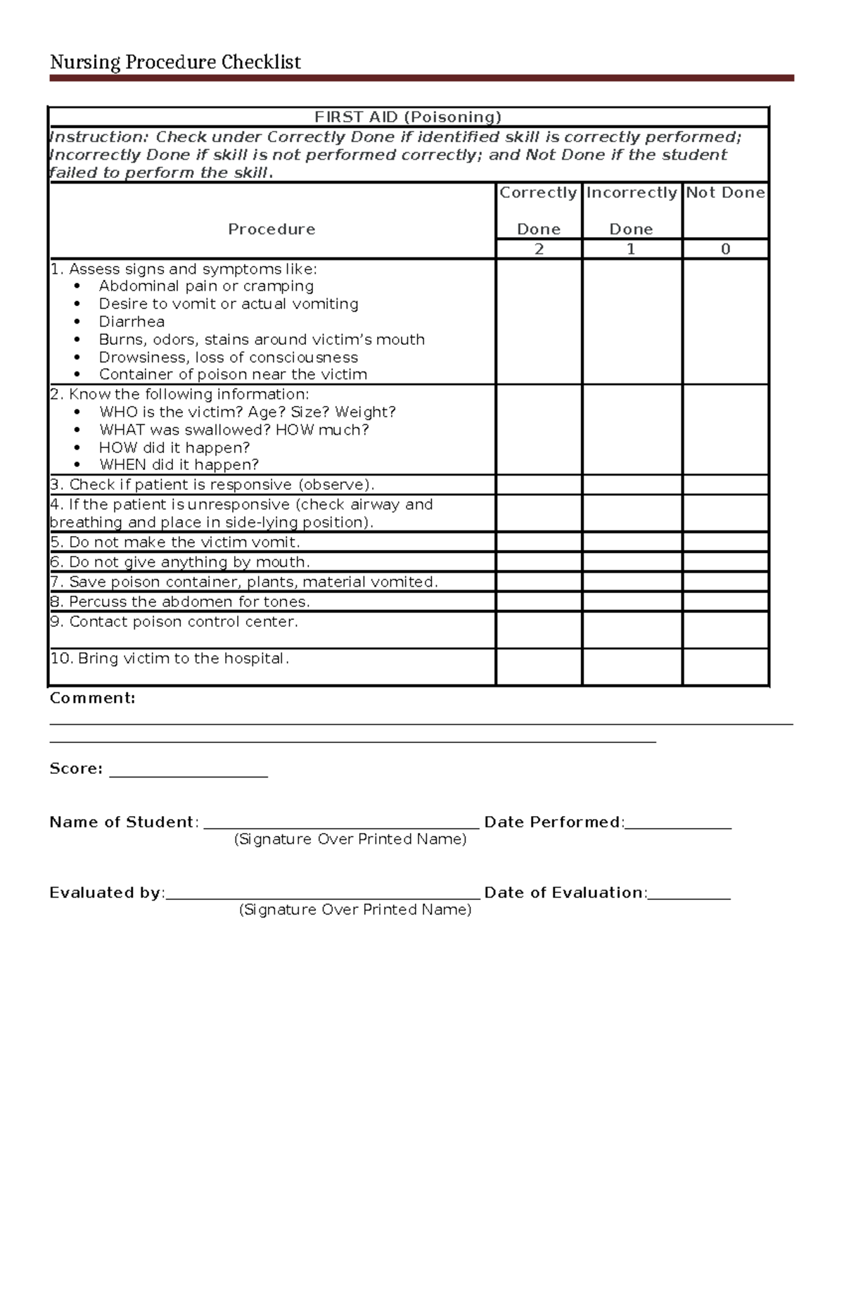 Poisoning-Checklist - For lab activities - Nursing Procedure Checklist ...