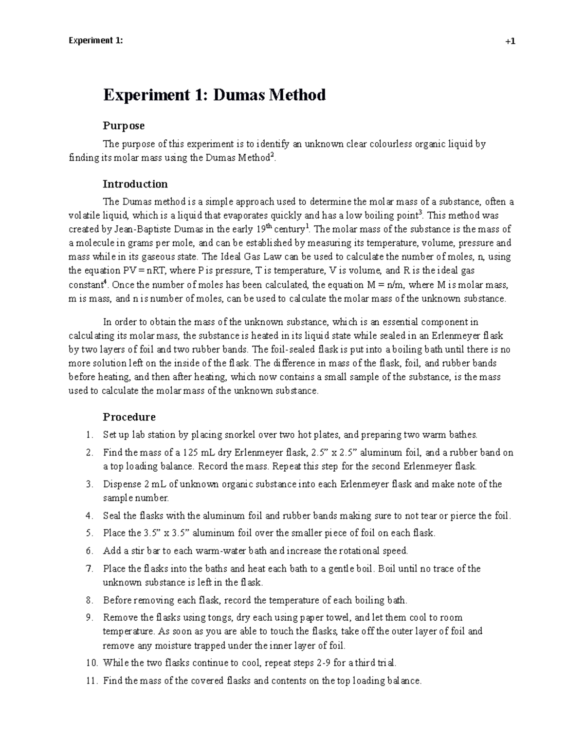 Dumas method - lab 5 - Experiment 1: Experiment 1: Dumas Method Purpose ...