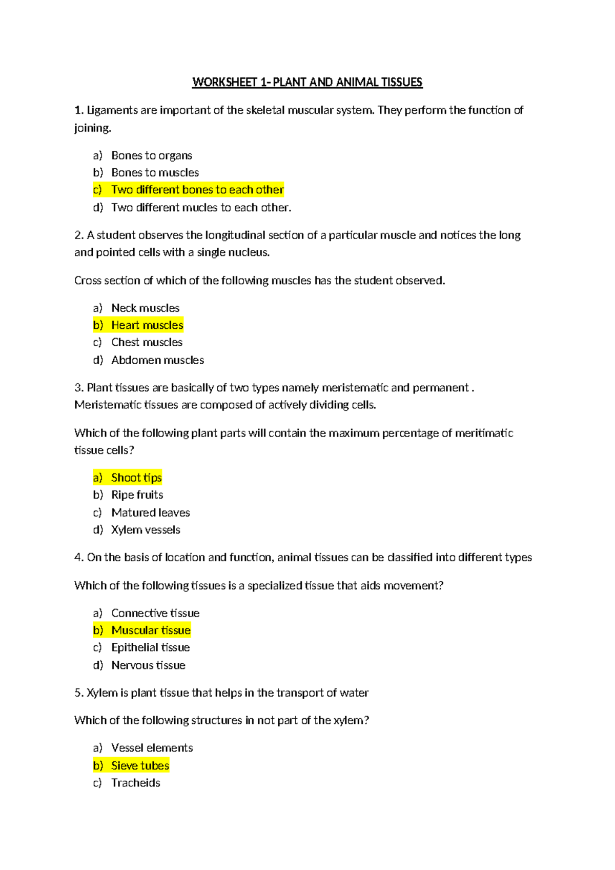 Worksheet 1-Plant tissue and animal tissues - WORKSHEET 1- PLANT AND ...