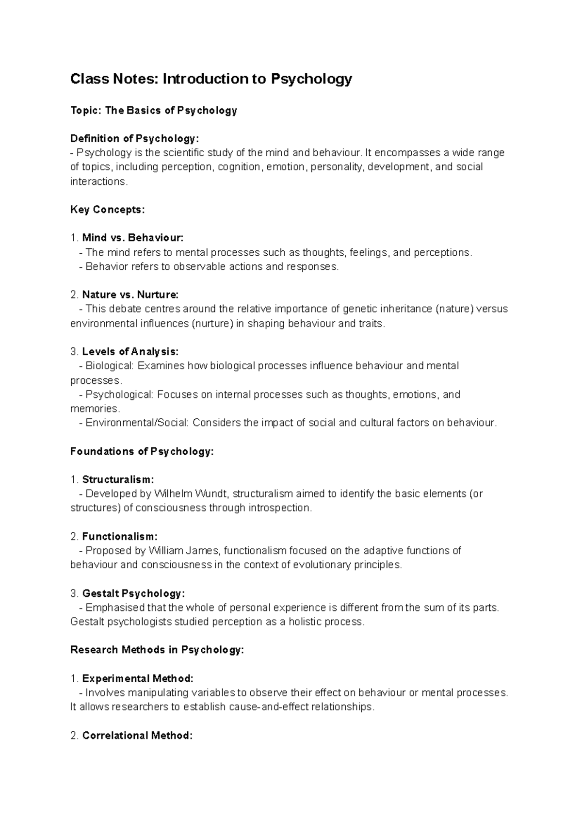 Intro to Psychology - Class Notes: Introduction to Psychology Topic ...