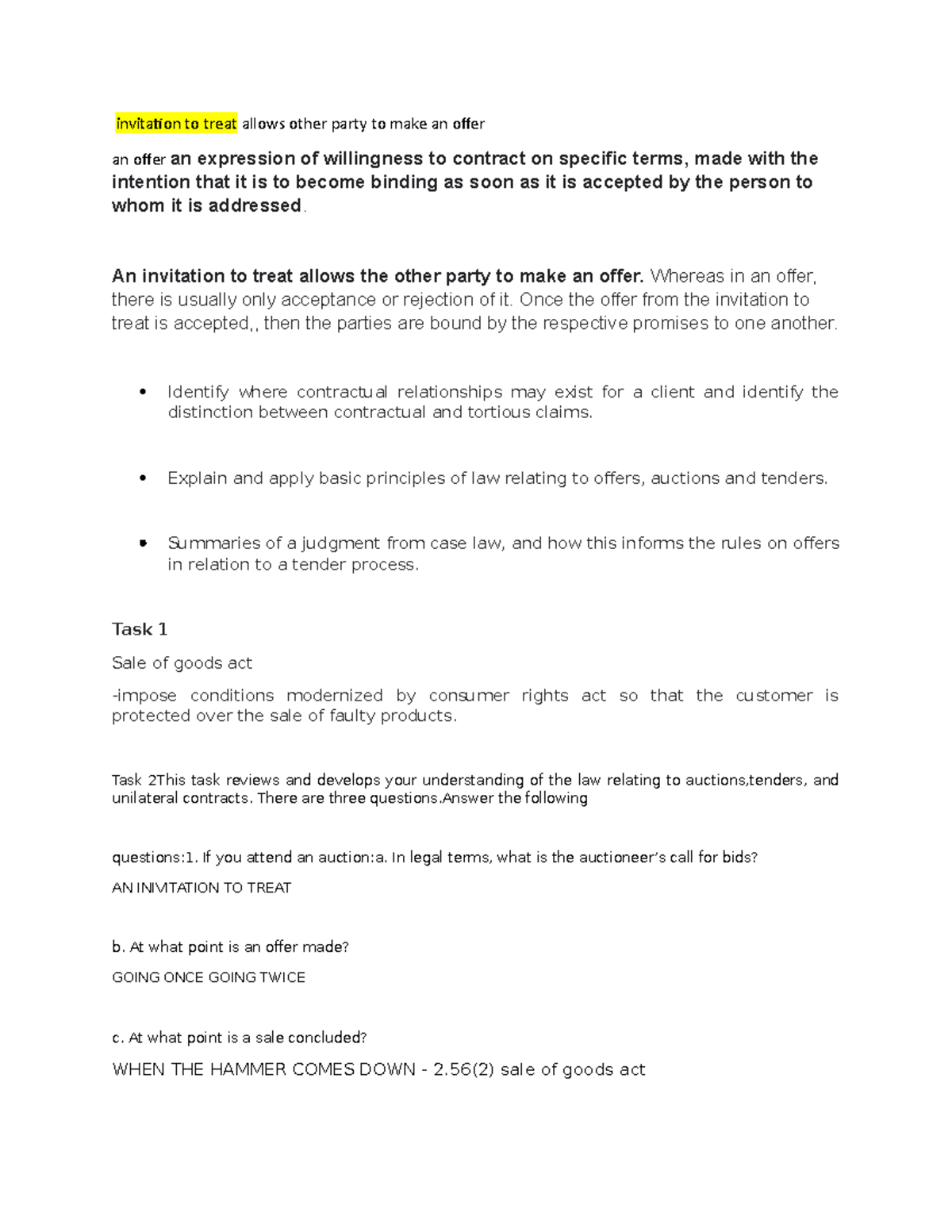 WS 1 Contract Law - refnwefue - invitation to treat allows other party ...