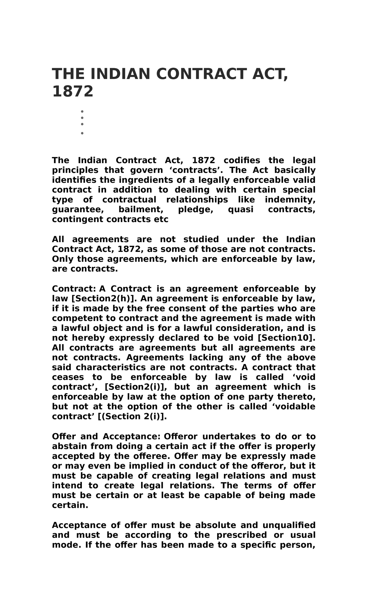 THE Indian Contract ACT - THE INDIAN CONTRACT ACT, 1872 The Indian ...