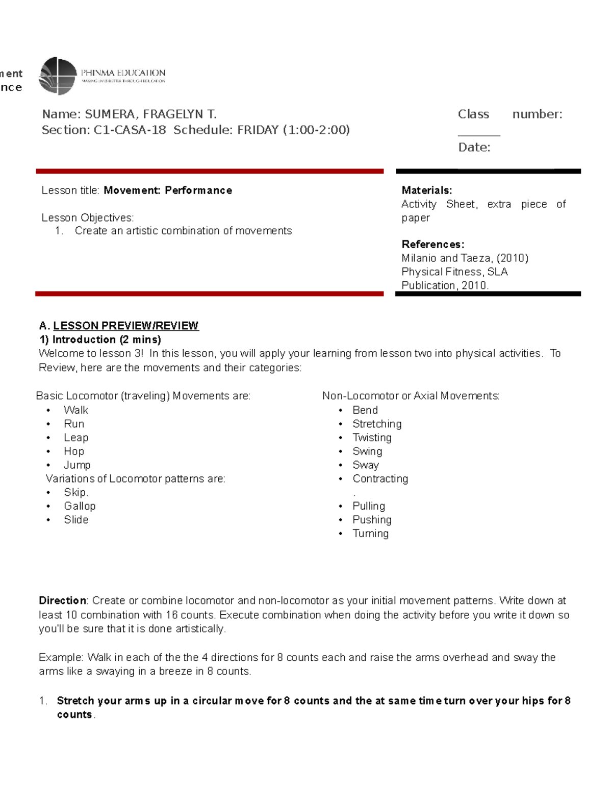 PHYSICAL EDUCATION - DIFFERENT EXERCISES NOTES - ement ance Lesson ...