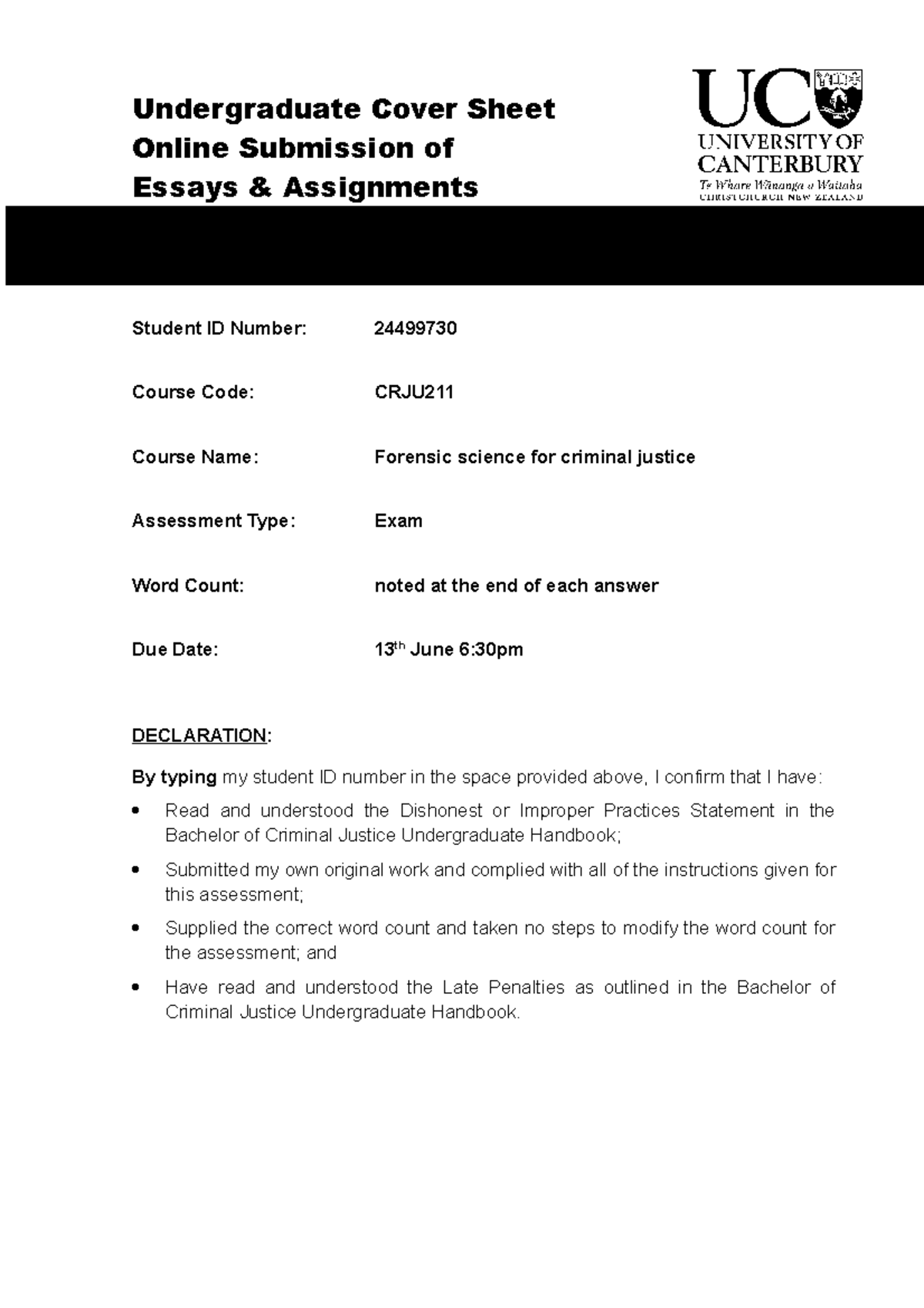24499730 exam CRJU 211 - take home exam - Undergraduate Cover Sheet ...