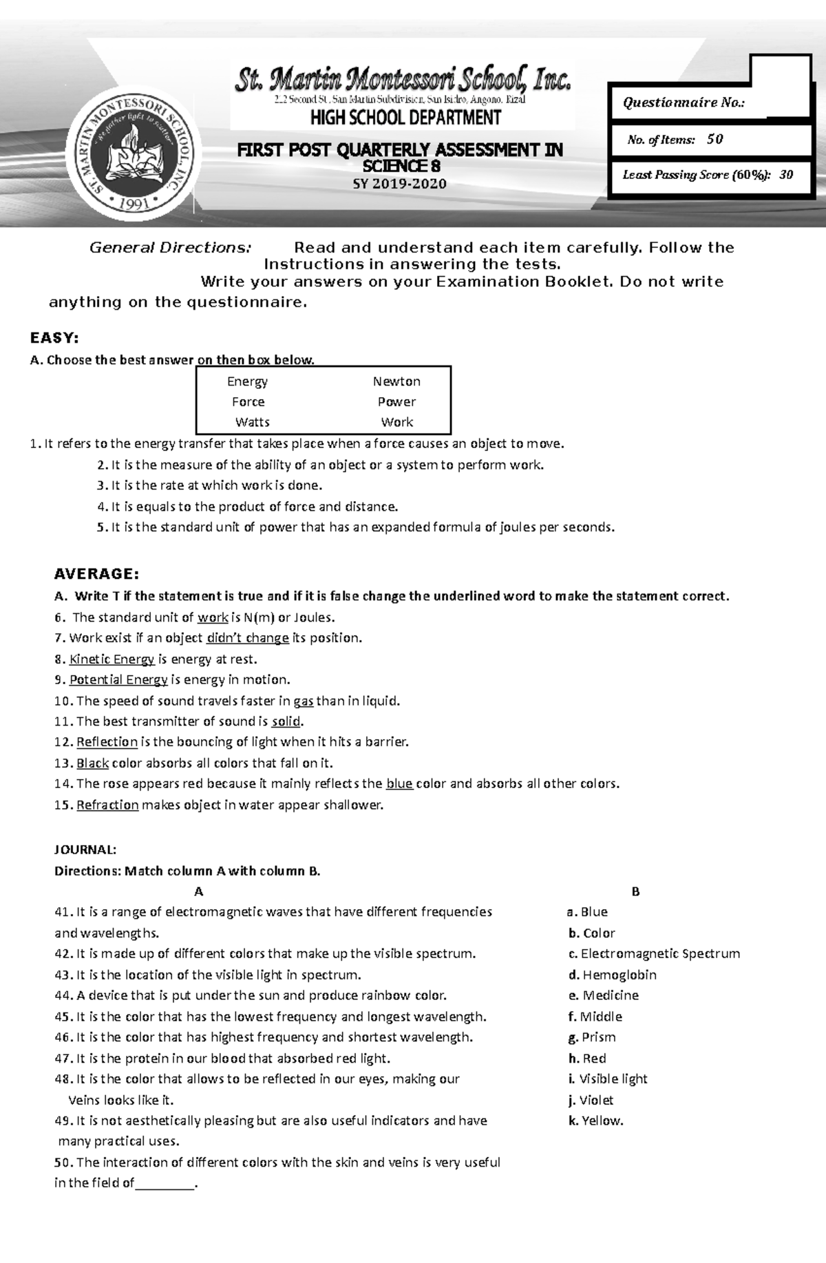 Science 8 1Post - General Directions: Read and understand each item ...
