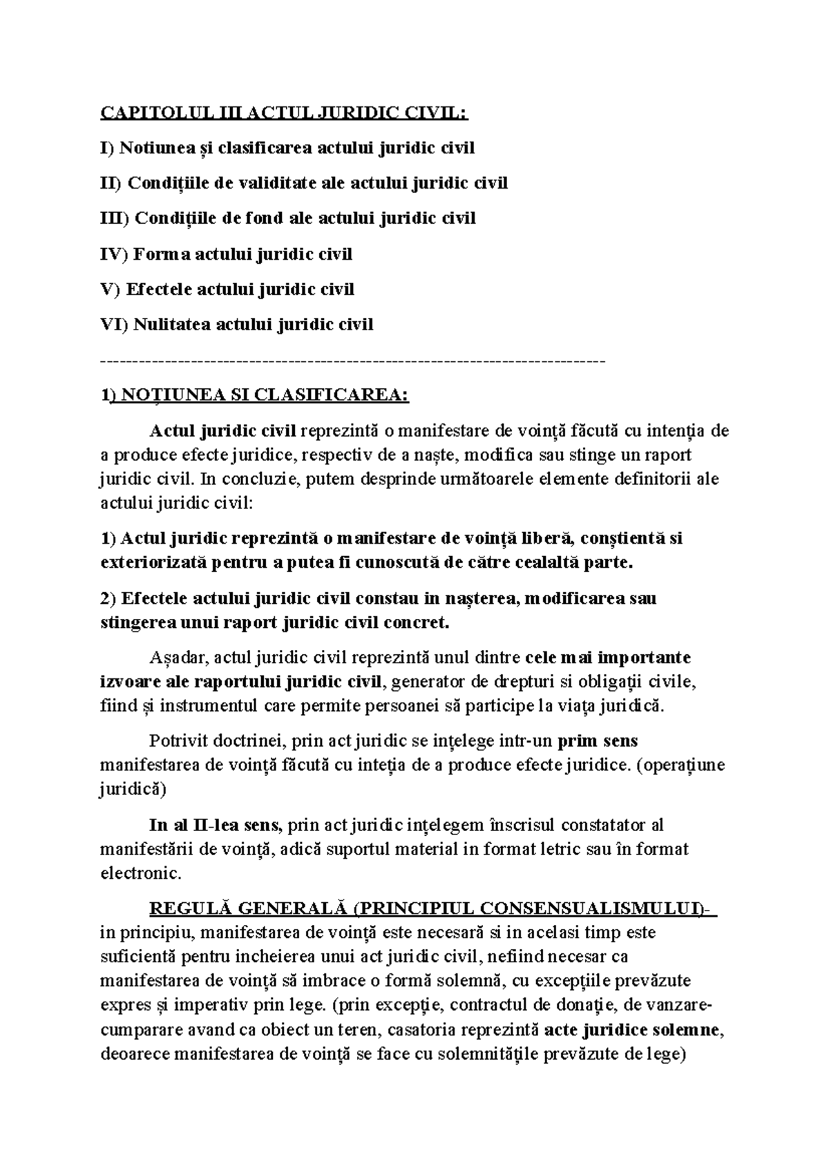 Actul Juridic Civil - CAPITOLUL III ACTUL JURIDIC CIVIL: I) Notiunea și clasificarea actului ...