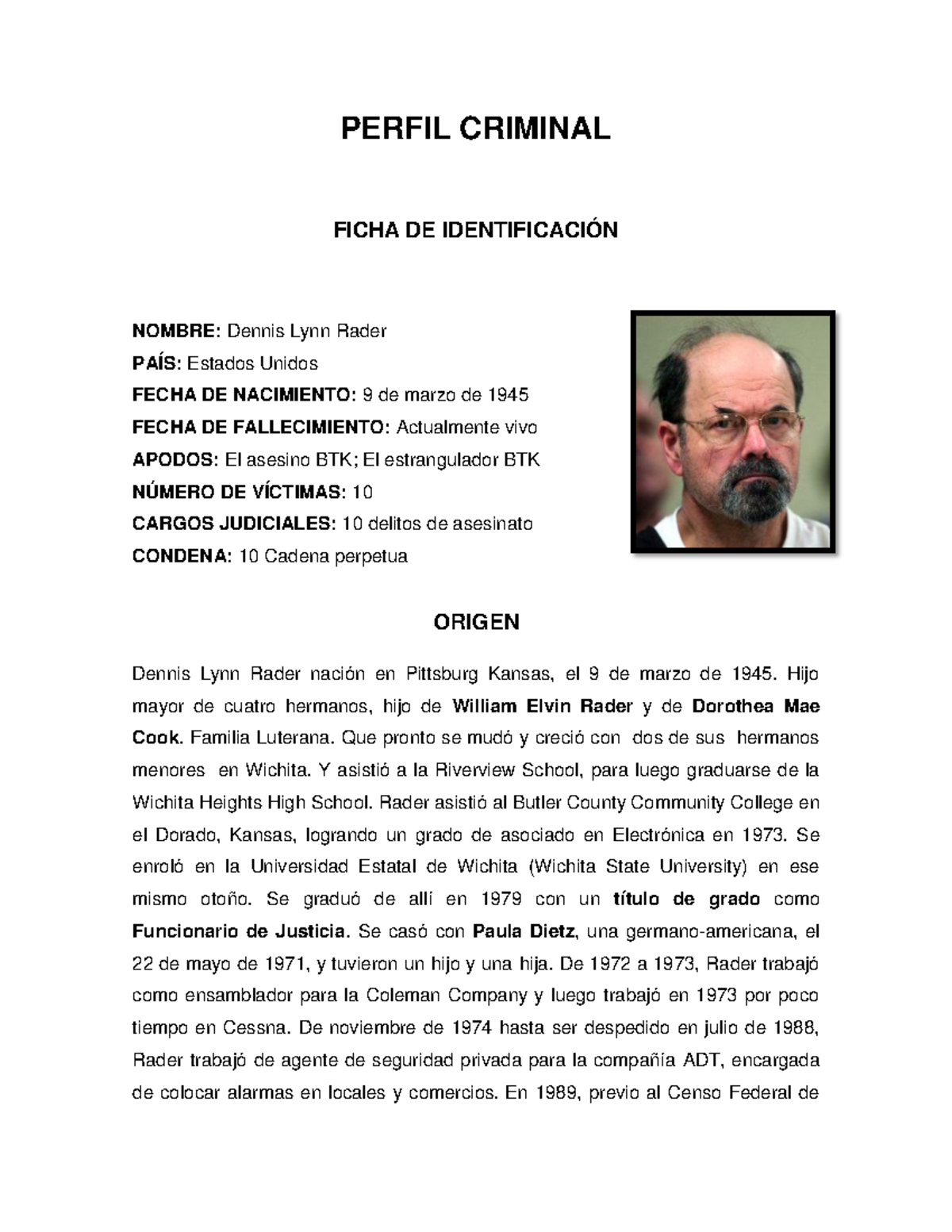 Pdfcoffee - perfil criminal - PERFIL CRIMINAL FICHA DE IDENTIFICACIÓN NOMBRE: Dennis Lynn Rader ...
